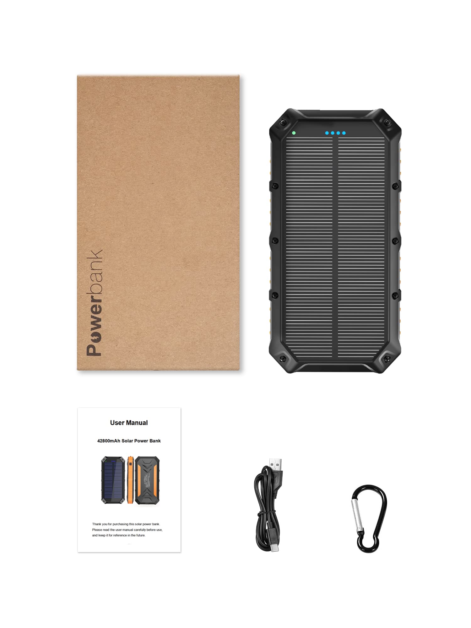 Solar-Power-Bank-Portable-Charger-42800mAh Solar Phone Charger with 4 USB Ports/LED Flashlight Fast Charge USB C External Backup Battery Pack Compatible with iPhone Tablet, for Outdoor, Camping