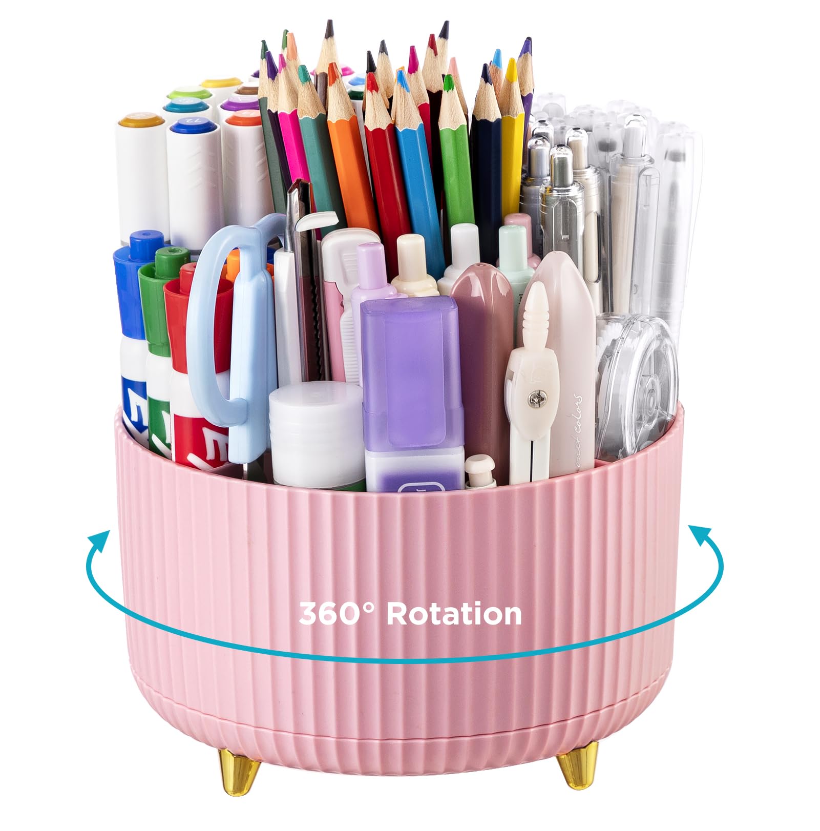 HBlife Pencil Pen Holder for Desk, 5 Slots 360° Degree Rotating Desk Organizers and Accessories, Desktop Storage Stationery Supplies Cute Pencil Cup Pot for Office, School, Home, Art Supply, Pink