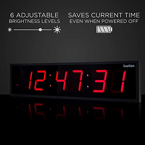 Ivation Huge 24" Inch Large Big Oversized Digital LED Clock with Stopwatch, Alarms, Countdown Timer & Temp - Shelf or Wall Mount (Red) | 6-Level Brightness, Mounting Holes & Hardware