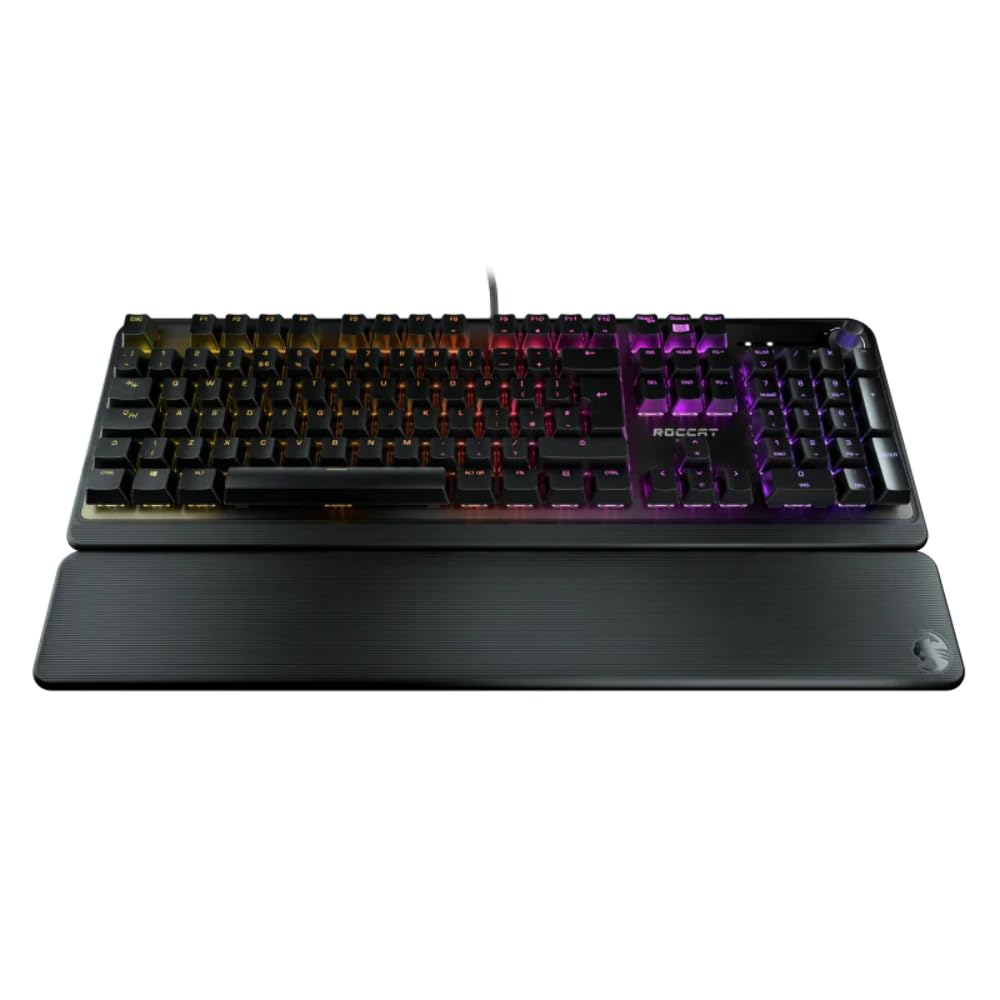 ROCCAT Pyro Mechanical PC Gaming Keyboard, RGB Lighting, AIMO Illumination, Wired Computer Keyboard, Detachable Wrist/Palm Rest, Linear Feel Red Switches, Brushed Aluminum Top Plate, Black