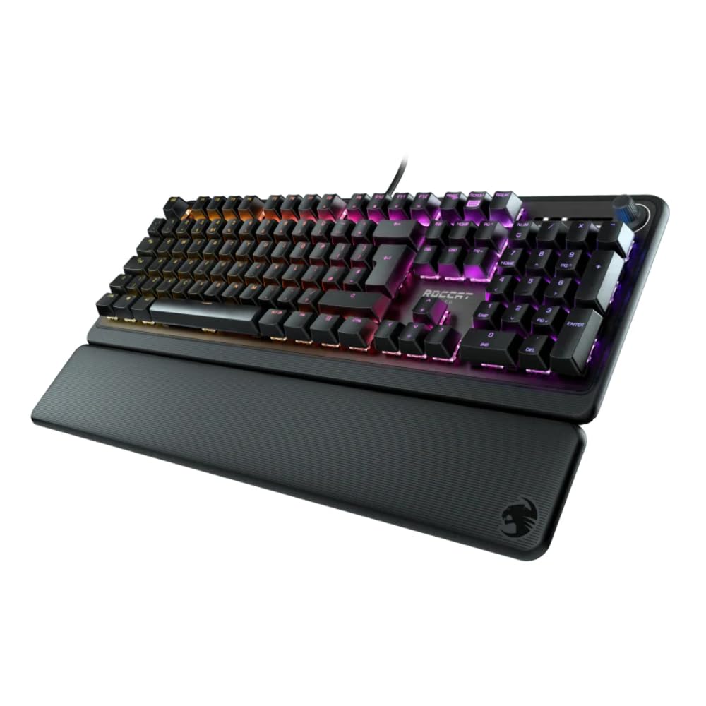 ROCCAT Pyro Mechanical PC Gaming Keyboard, RGB Lighting, AIMO Illumination, Wired Computer Keyboard, Detachable Wrist/Palm Rest, Linear Feel Red Switches, Brushed Aluminum Top Plate, Black