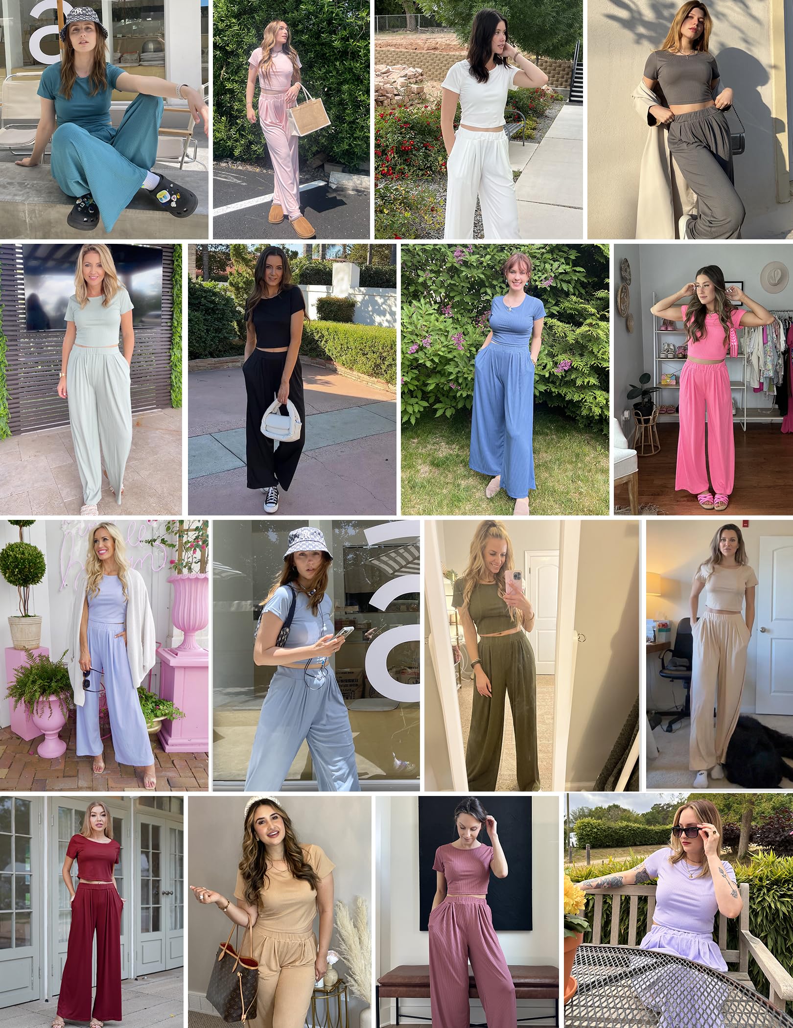 Ekouaer Women's 2 Piece Lounge Sets Short Sleeve Pajama Set Ribbed Knit Crop Top Wide Leg Pants Loungewear,Light Pink,L