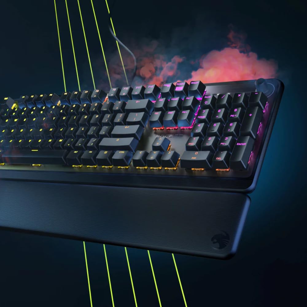 ROCCAT Pyro Mechanical PC Gaming Keyboard, RGB Lighting, AIMO Illumination, Wired Computer Keyboard, Detachable Wrist/Palm Rest, Linear Feel Red Switches, Brushed Aluminum Top Plate, Black