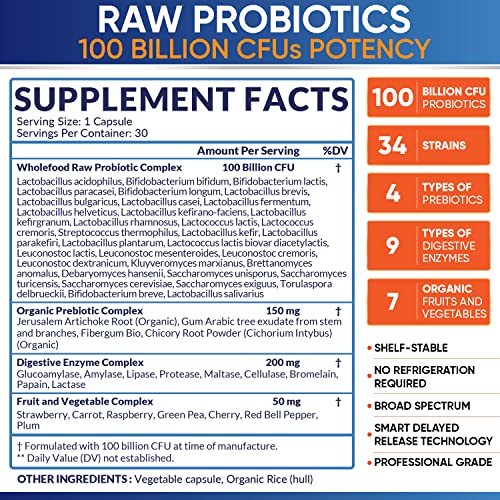 Organic Probiotics 100 Billion CFU, Dr Formulated Probiotics for Women, Probiotics for Men and Adults, Complete Shelf Stable Probiotic Supplement with Prebiotics & Digestive Enzymes; 30 Capsules