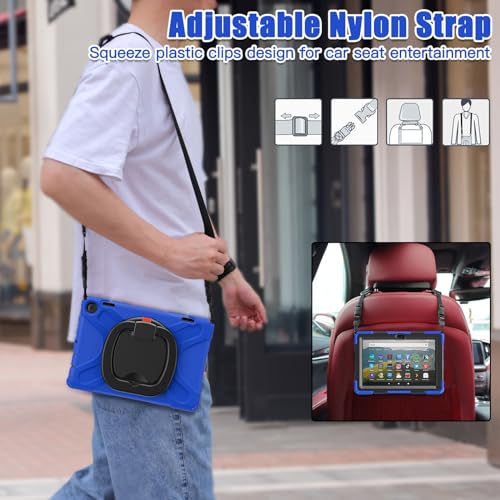 Tablet Case Cover Shockproof Rugged TPU Case Compatible with Kindle Fire HD 8 Tablet and Fire HD 8 Plus Tablet (12th Generation, 2022 Release), Shoulder Strap with Rotating Handle