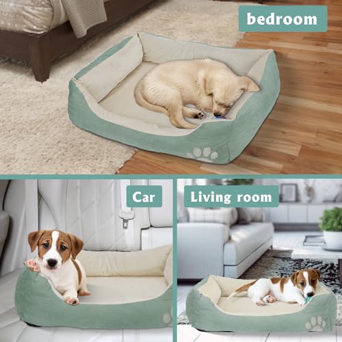 Kphico Pet Bed,25 Inch Rectangle Dog Bed with Non-Slip Bottom and Supportive Side Wall,Removable Washable Side Square Dog Bed for Indoor Medium Dog and Large Cats-Beige Green