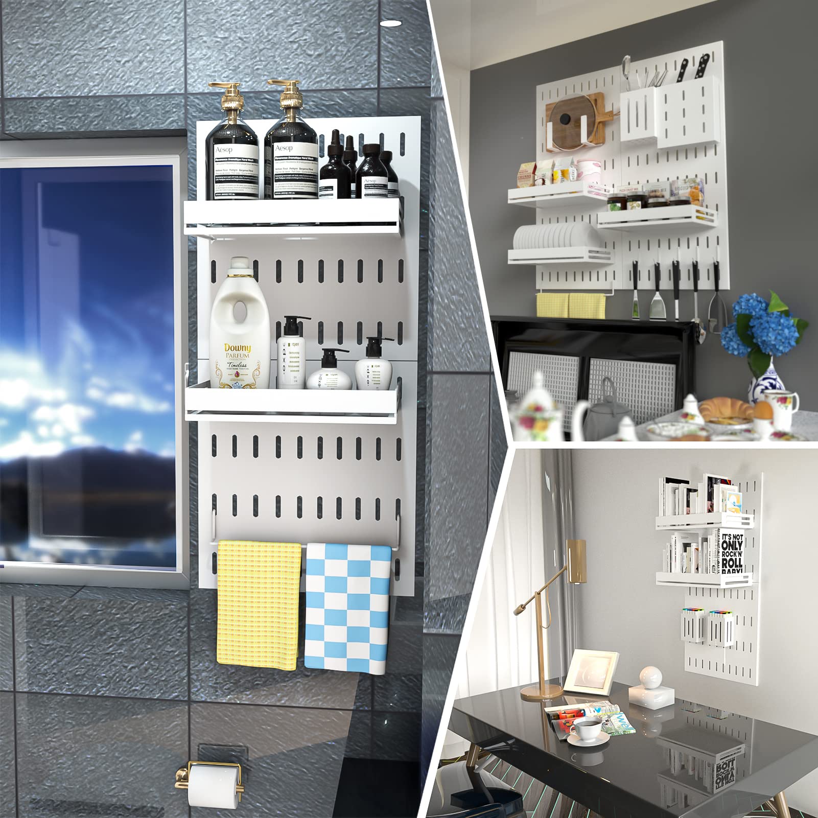 Metal Pegboard for Kitchen 4 Pcs, NaneTidy Pegboard Wall Organizer Kits and Accessories (Include 3 x Spice Racks, 5 x Hooks, 1 x Knife Holder, 1 x Utensil Holder, 1 x U-Rack, 1 x Towel Rack), White