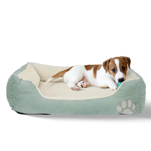 Kphico Pet Bed,25 Inch Rectangle Dog Bed with Non-Slip Bottom and Supportive Side Wall,Removable Washable Side Square Dog Bed for Indoor Medium Dog and Large Cats-Beige Green