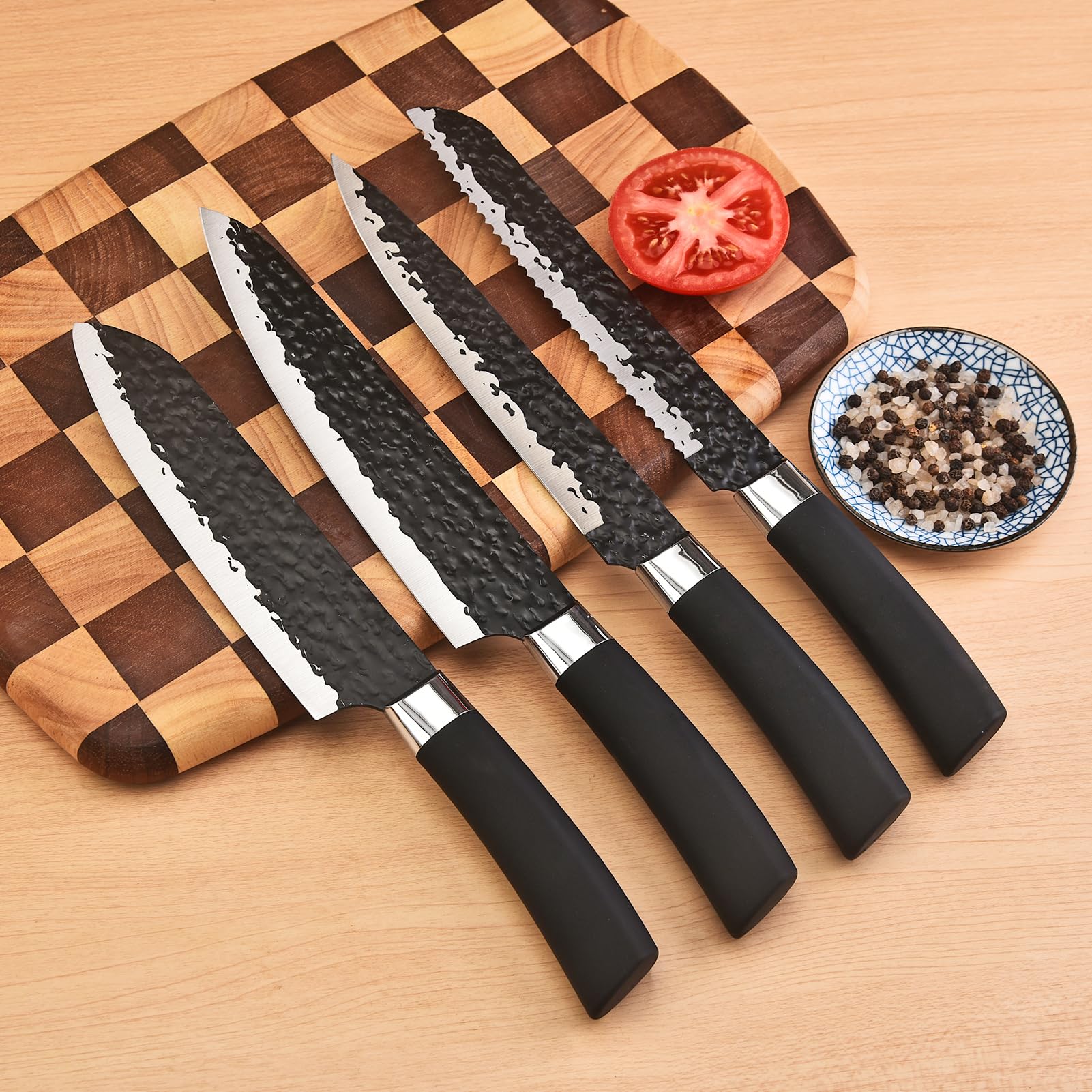 Kitchen Knife Set Non Stick Knives with Wood Storage, Serrated Steak Knife, Chef Knife, Scissors with Sharpener, 15Pcs Ultra-Sharp Cutlery Block Sets for Home & Pro Use Best Gift (Black)
