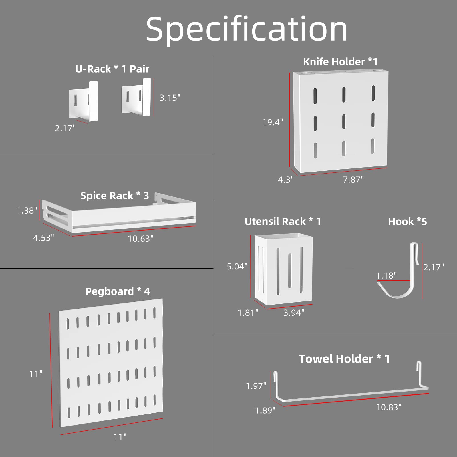 Metal Pegboard for Kitchen 4 Pcs, NaneTidy Pegboard Wall Organizer Kits and Accessories (Include 3 x Spice Racks, 5 x Hooks, 1 x Knife Holder, 1 x Utensil Holder, 1 x U-Rack, 1 x Towel Rack), White
