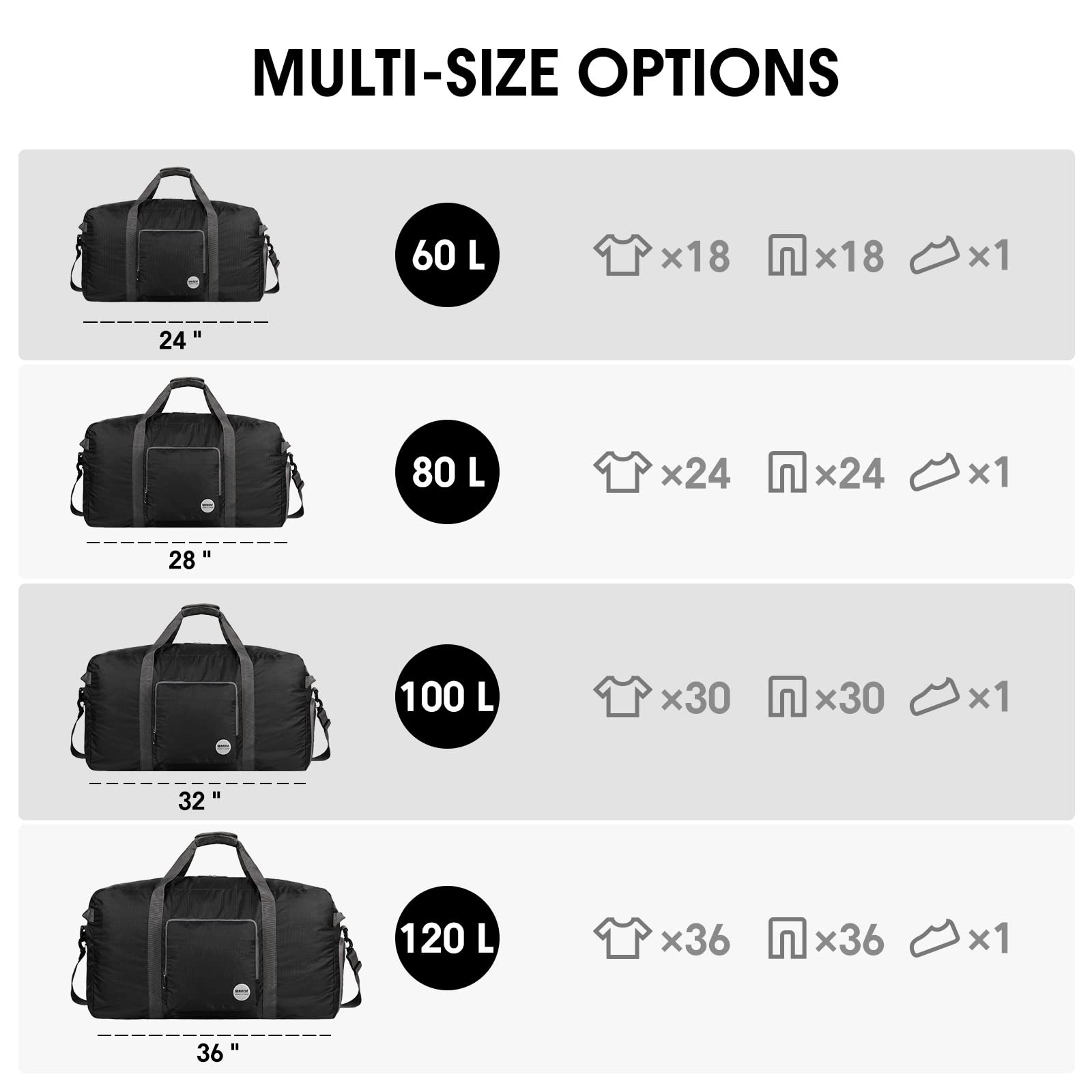 24" Foldable Duffle Bag 60L for Travel Gym Sports Lightweight Luggage Duffel By WANDF (24 inches (60 Liter), Black 24'')