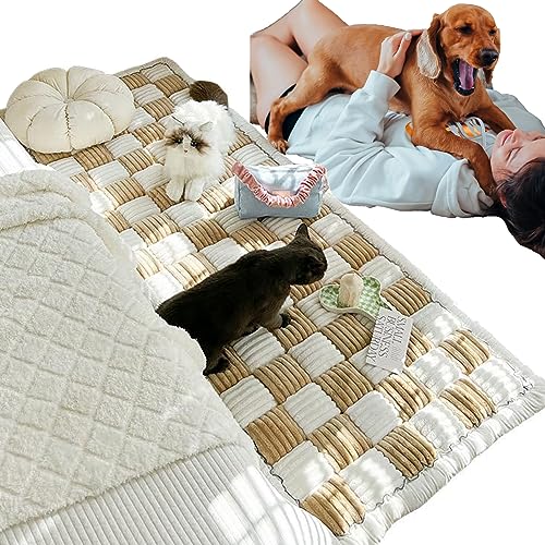 TTEDMO Cream-Coloured Large Plaid Square Pet Mat Bed Cover, Dog Sofa Couch (Light Brown,19.6x19.6 in)
