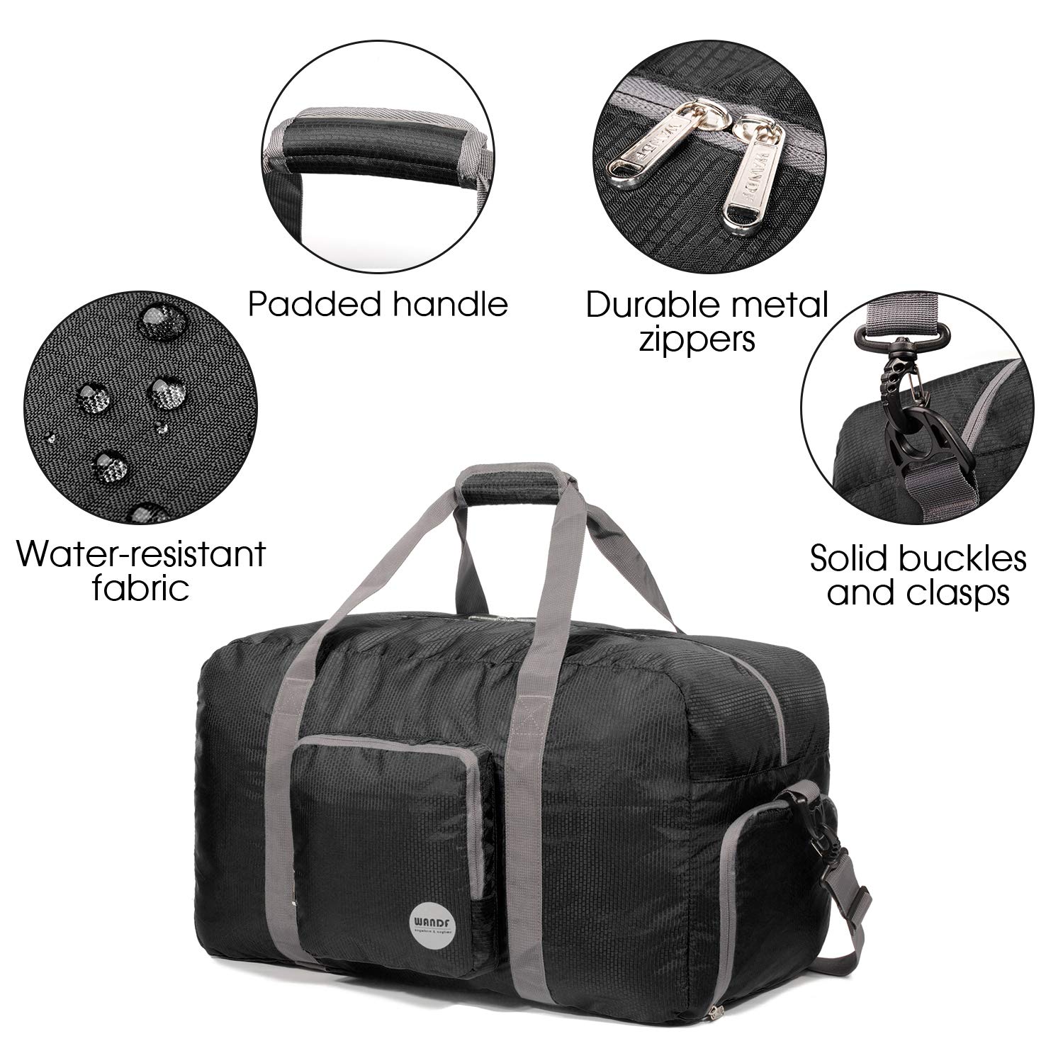 24" Foldable Duffle Bag 60L for Travel Gym Sports Lightweight Luggage Duffel By WANDF (24 inches (60 Liter), Black 24'')