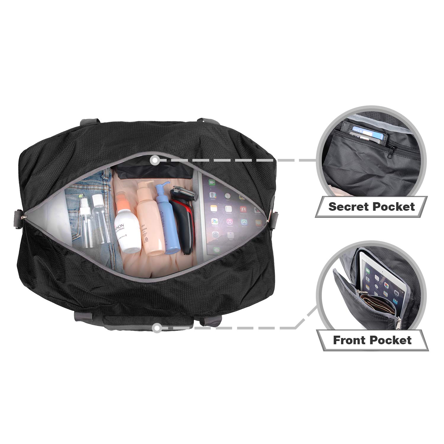 24" Foldable Duffle Bag 60L for Travel Gym Sports Lightweight Luggage Duffel By WANDF (24 inches (60 Liter), Black 24'')