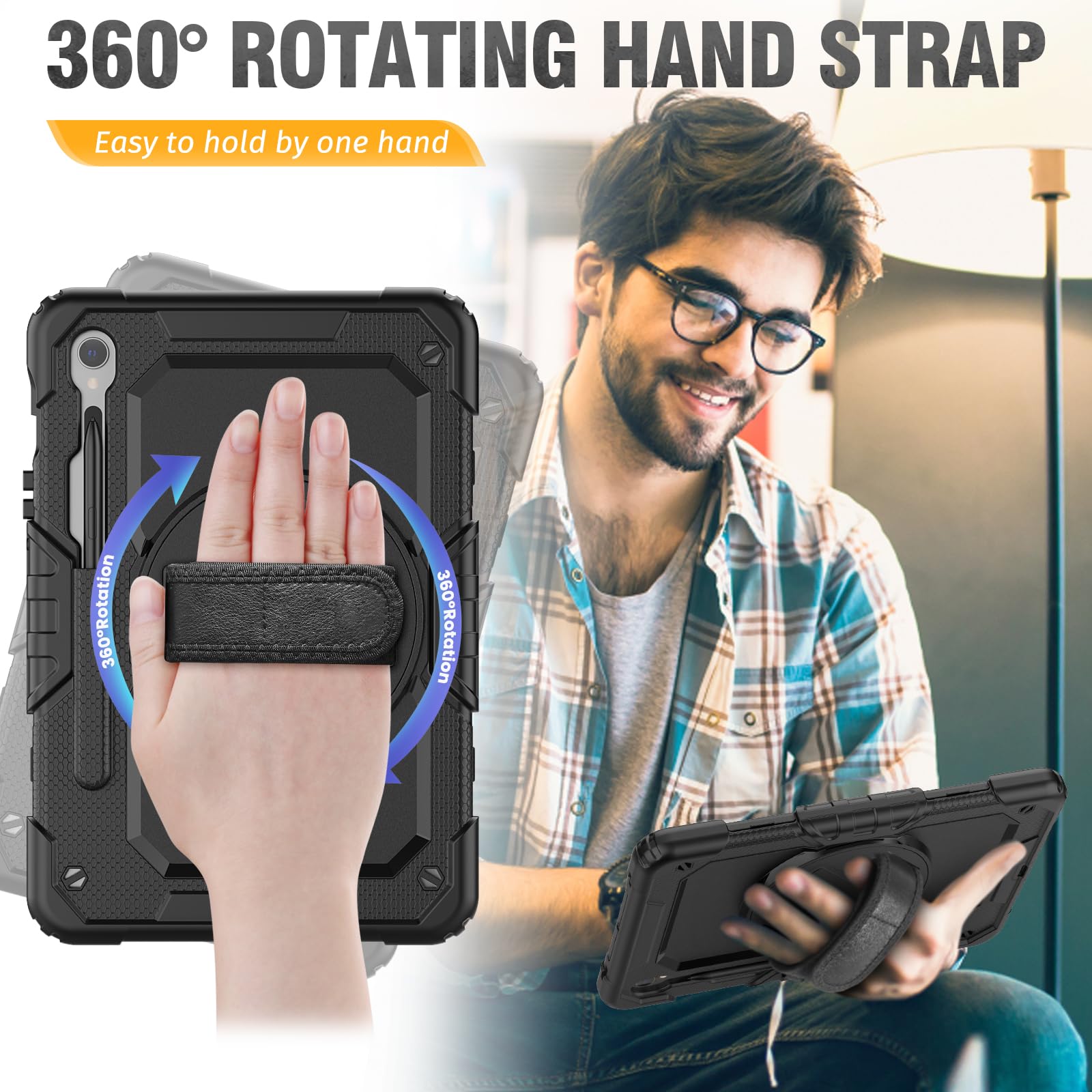 HXCASEAC Case for Galaxy Tab S9 / S9 FE 5G Case, Protective with Screen Protector/Hand Strap/S Pen Holder, Heavy Duty Shockproof for Samsung Galaxy S9 FE Tablet Case 10.9 inch / 11 inch - Black