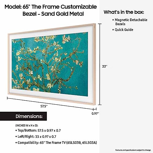 SAMSUNG 65” The Frame TV Customizable Bezel, Magnetic, Quick and Easy Installation, VG-SCFC65SGMZA, 2023, Sand Gold Metal
