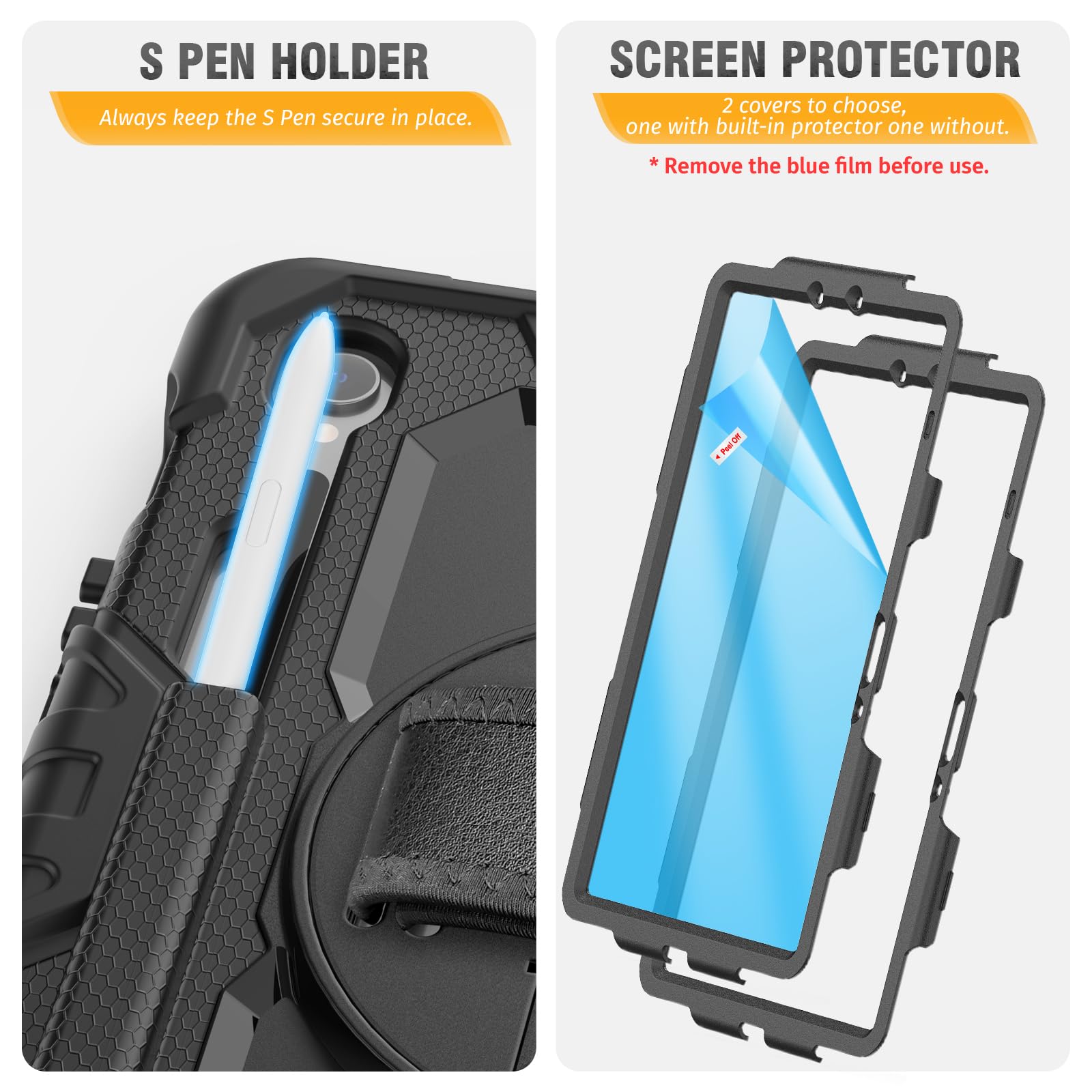 HXCASEAC Case for Galaxy Tab S9 / S9 FE 5G Case, Protective with Screen Protector/Hand Strap/S Pen Holder, Heavy Duty Shockproof for Samsung Galaxy S9 FE Tablet Case 10.9 inch / 11 inch - Black
