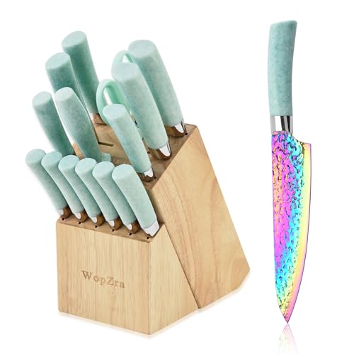 Kitchen Knife Set Non Stick Knives with Wood Storage, Serrated Steak Knife, Chef Knife, Scissors with Sharpener, 15Pcs Ultra-Sharp Cutlery Block Sets for Home & Pro Use Best Gift (Teal)