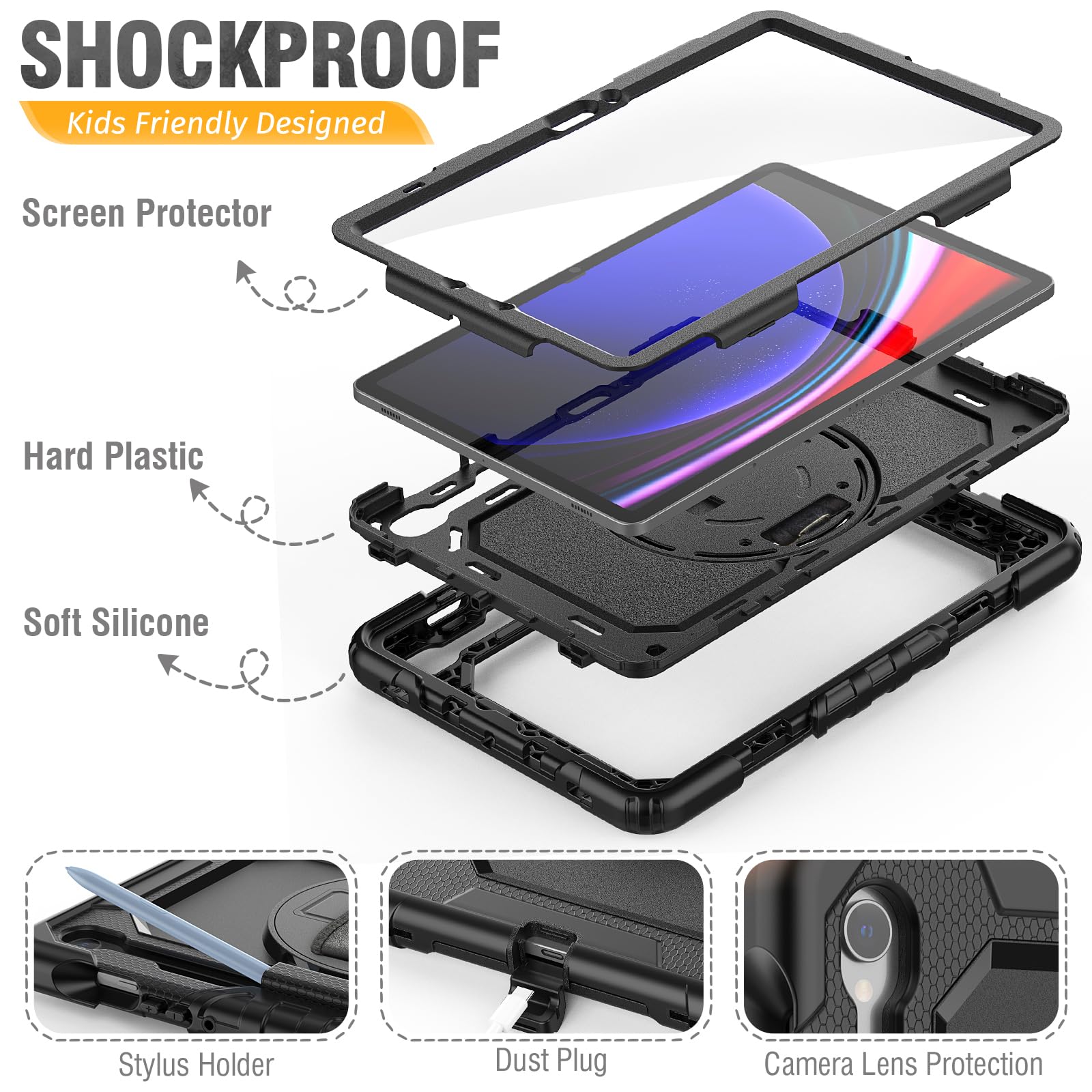 HXCASEAC Case for Galaxy Tab S9 / S9 FE 5G Case, Protective with Screen Protector/Hand Strap/S Pen Holder, Heavy Duty Shockproof for Samsung Galaxy S9 FE Tablet Case 10.9 inch / 11 inch - Black