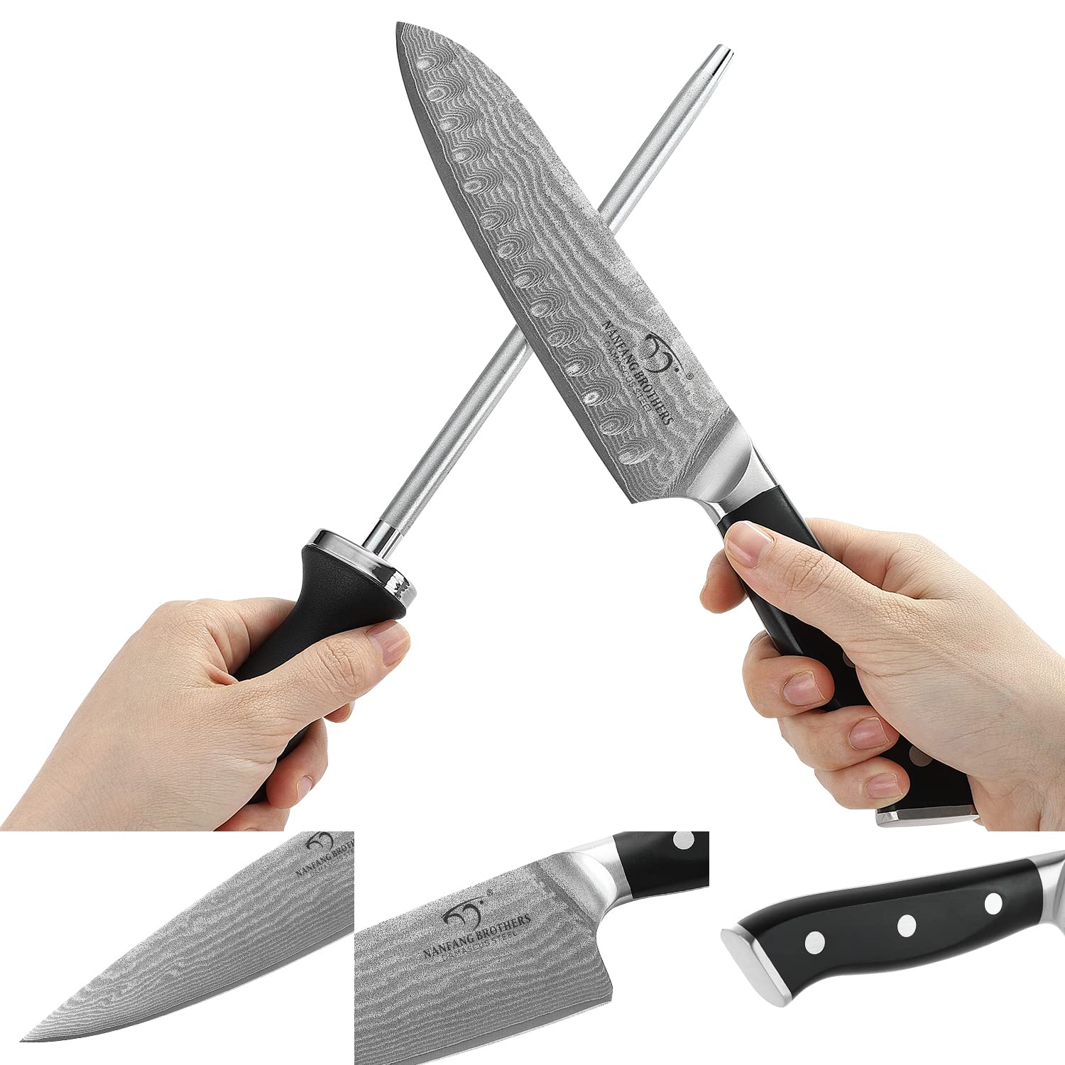 NANFANG BROTHERS Knife Set, 9 Pieces Damascus Kitchen Knife Set with Block, ABS Ergonomic Handle for Chef Knife Set, Knife Sharpener and Kitchen Shears, Knife Block Set