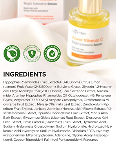 UGARDEN Power Vitamin C Bright Intensive Serum with Snail Mucin - Hypoallergenic Skin Glow & Rejuvenating Face Ampoule - Improves Skin Tone & Troubles, 1.01 fl.oz.