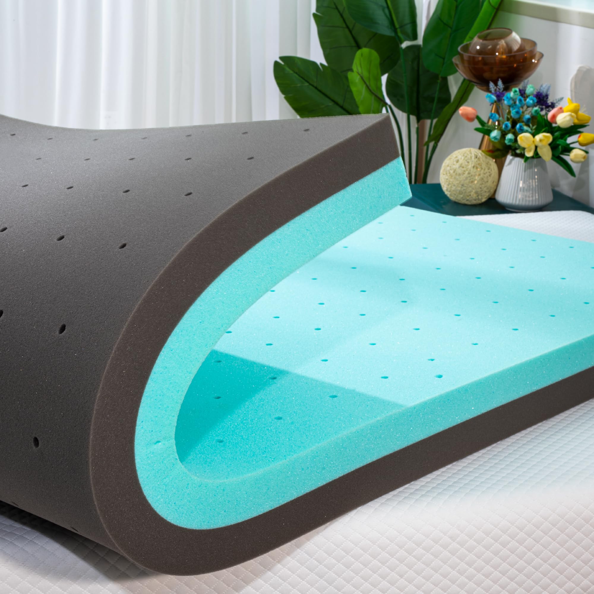Askme Twin Mattress Topper 4 Inch Ventilated Gel Memory Foam and Firm Foam Support with Bonus Cover, Adjustable Softness Relief Back Pain Breathable and Washable Cover, CertiPUR-US
