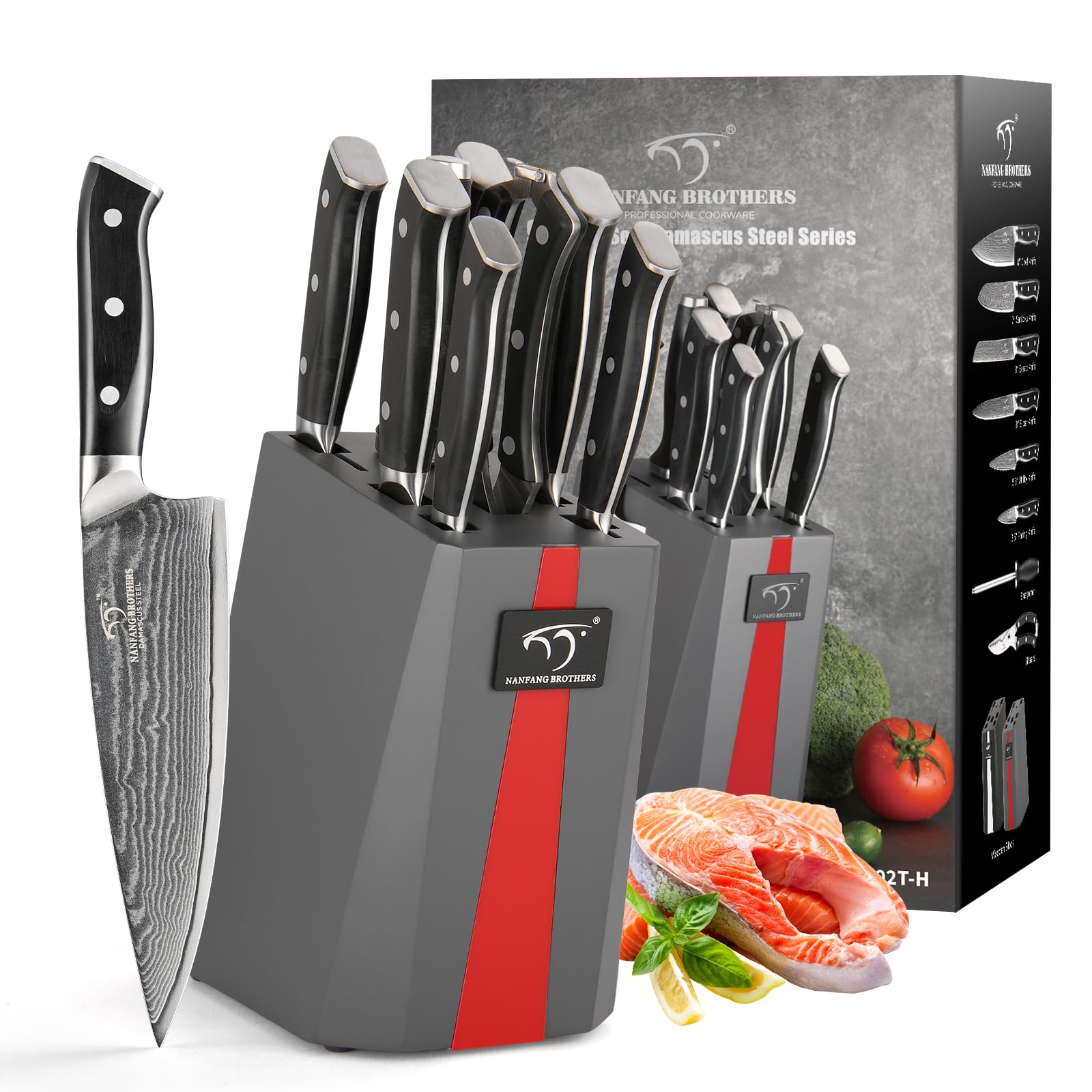 NANFANG BROTHERS Knife Set, 9 Pieces Damascus Kitchen Knife Set with Block, ABS Ergonomic Handle for Chef Knife Set, Knife Sharpener and Kitchen Shears, Knife Block Set