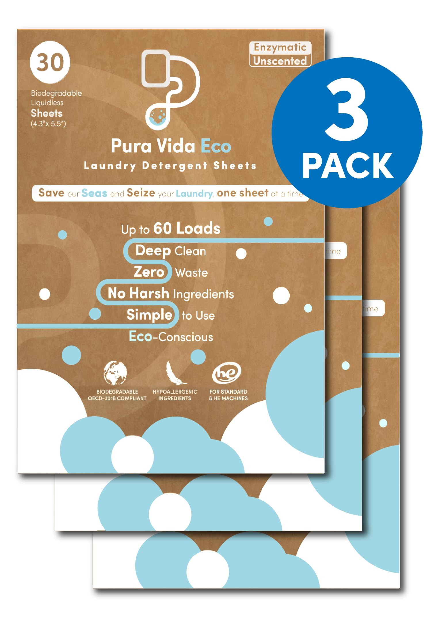 Pura Vida Eco Laundry Detergent Sheets - 90 Sheets (up to 180 Loads) - Unscented - Ideal for Travel, Baby Clothes - Compact, Liquidless, Hypoallergenic, Eco-Friendly, Plastic-Free Solution