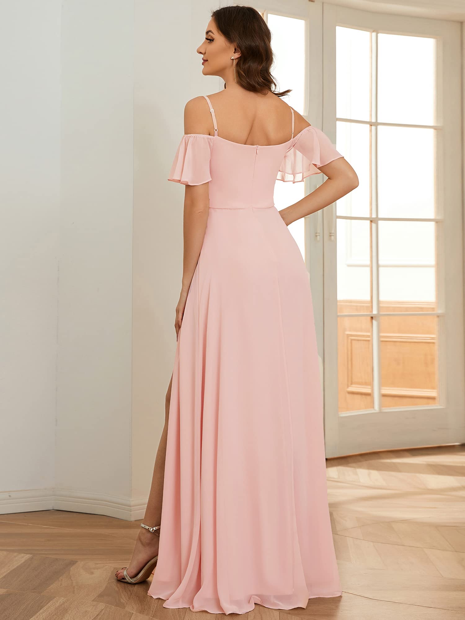 Ever-Pretty Women's Formal Dresses Off Shoulder Short Sleeve Split A-Line Floor Length Bridesmaid Dresses Pink US14
