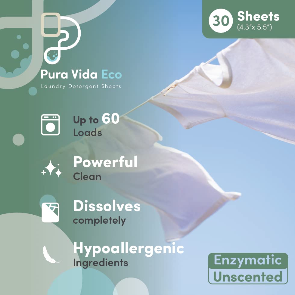 Pura Vida Eco Laundry Detergent Sheets - 90 Sheets (up to 180 Loads) - Unscented - Ideal for Travel, Baby Clothes - Compact, Liquidless, Hypoallergenic, Eco-Friendly, Plastic-Free Solution