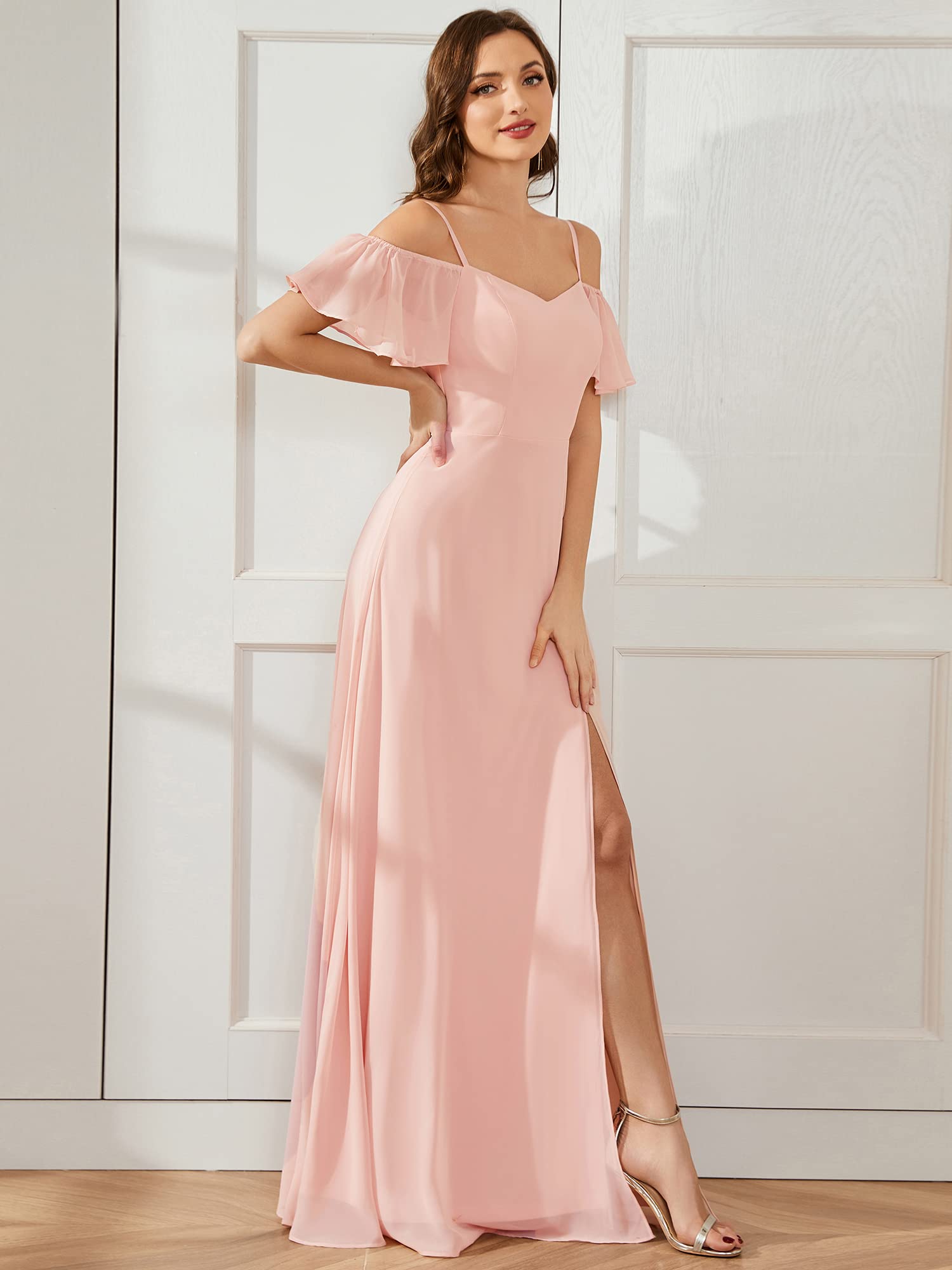 Ever-Pretty Women's Formal Dresses Off Shoulder Short Sleeve Split A-Line Floor Length Bridesmaid Dresses Pink US14