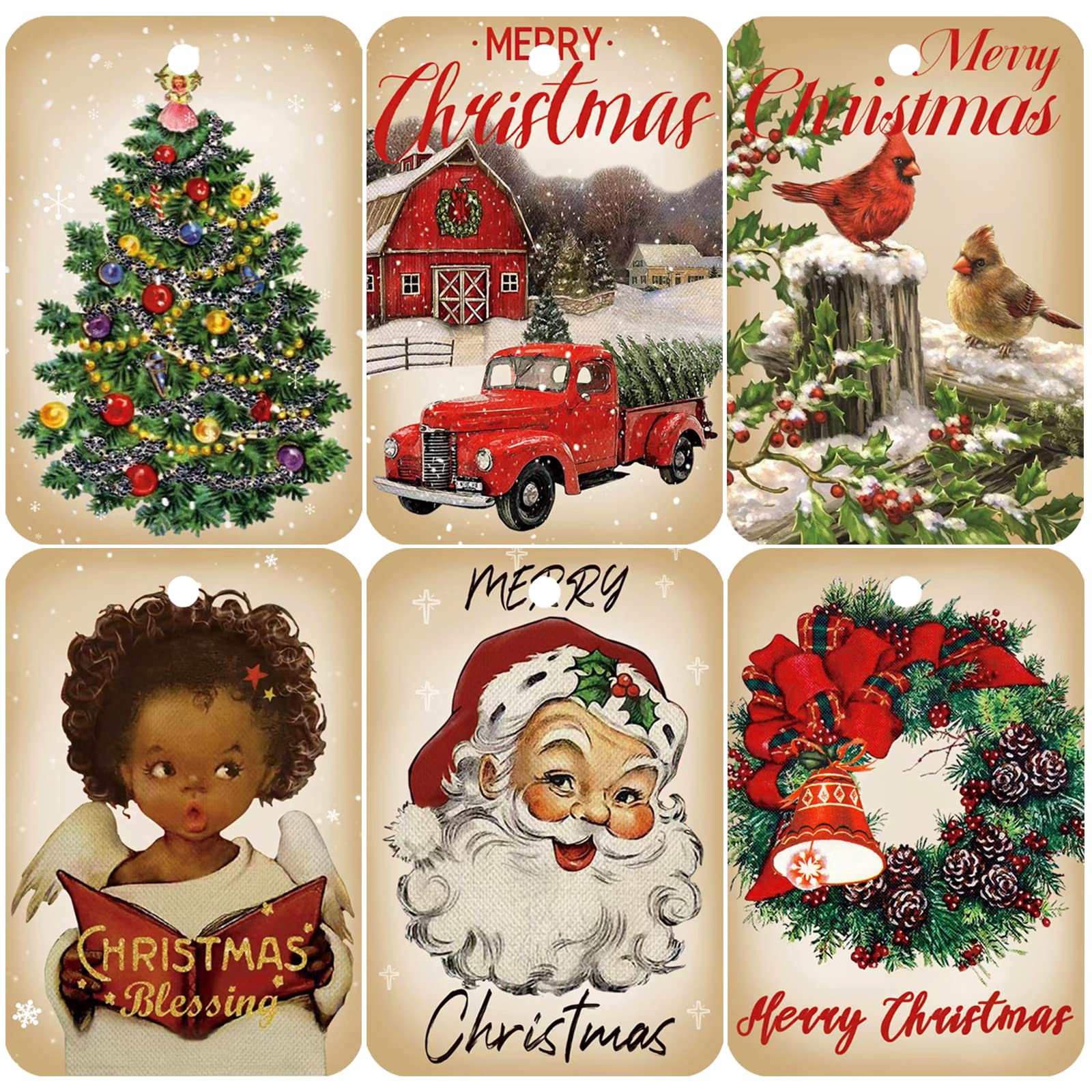 132PCS Vintage Christmas Gift Tags, Christmas Gift Tags with String, Xmas Hanging Name Tag Labels for Wrapping Holiday Home Decor, Santa Claus Christmas Tree Truck Cardinal Birds