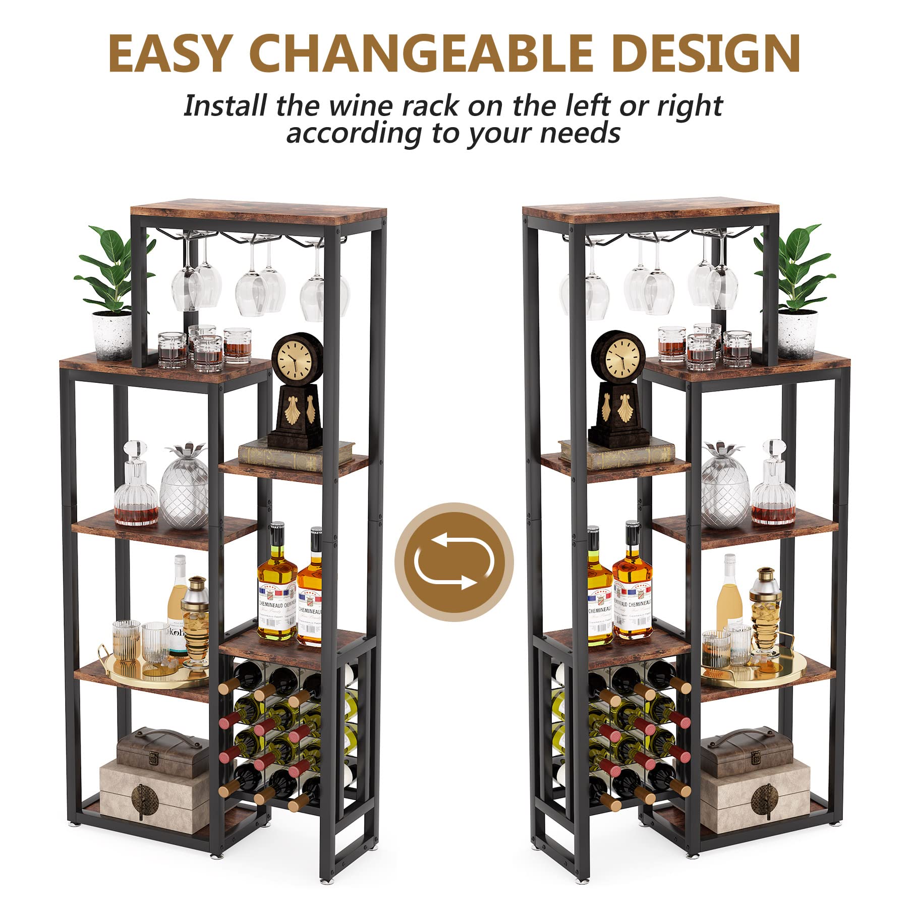 Tribesigns Wine Rack Freestanding Floor, 5-Tier Wine Baker Rack with Glass Holder & Wine Storage, Industrial Wine Display Shelf Wine Bar Cabinet for Bar, Kitchen, Dining Room, Rustic Brown