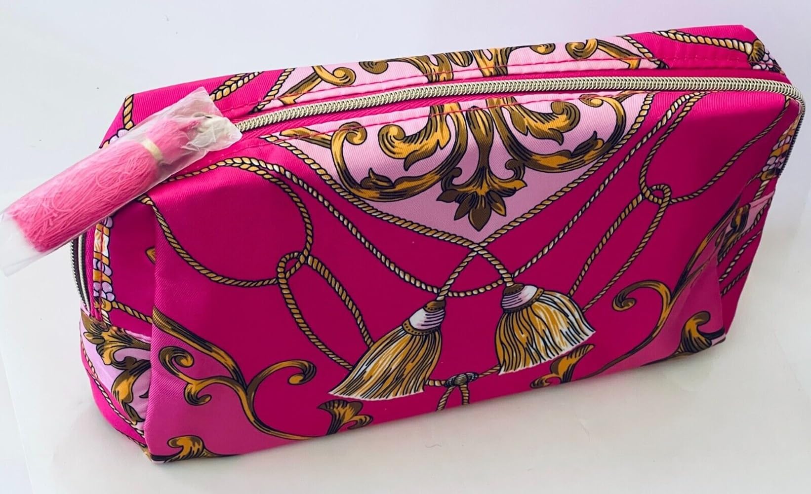 Designer Cosmetics Makeup Travel Bag (Beauty of Illusion Navy, Hot Pink, Gold Chain)