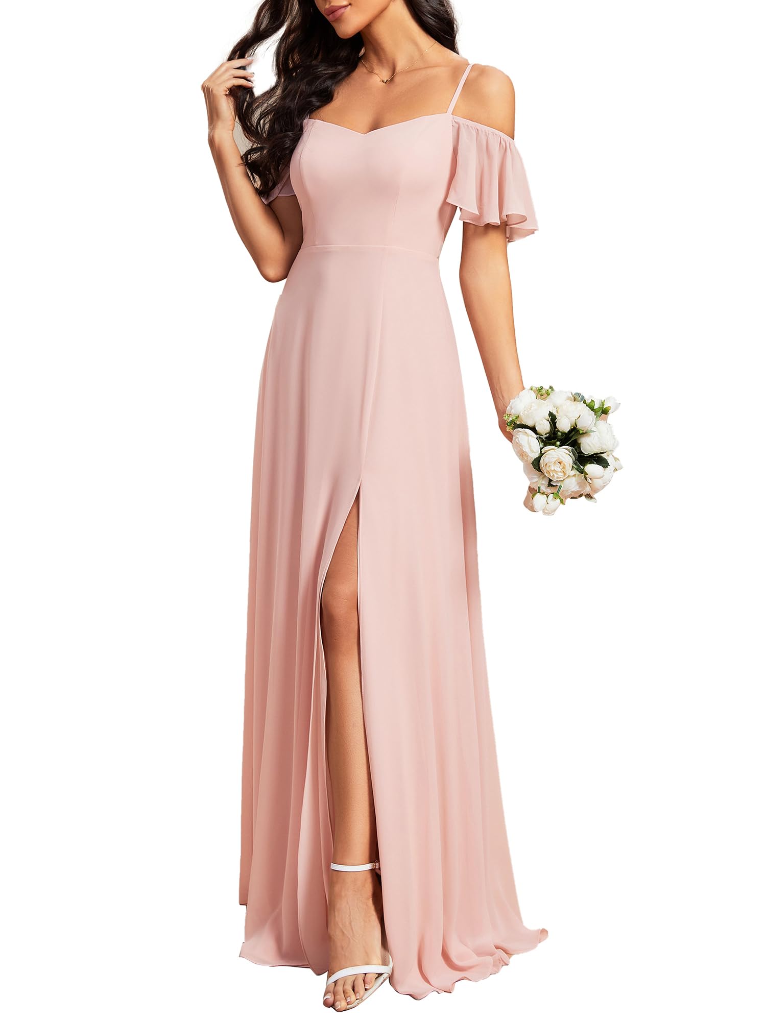 Ever-Pretty Women's Formal Dresses Off Shoulder Short Sleeve Split A-Line Floor Length Bridesmaid Dresses Pink US14