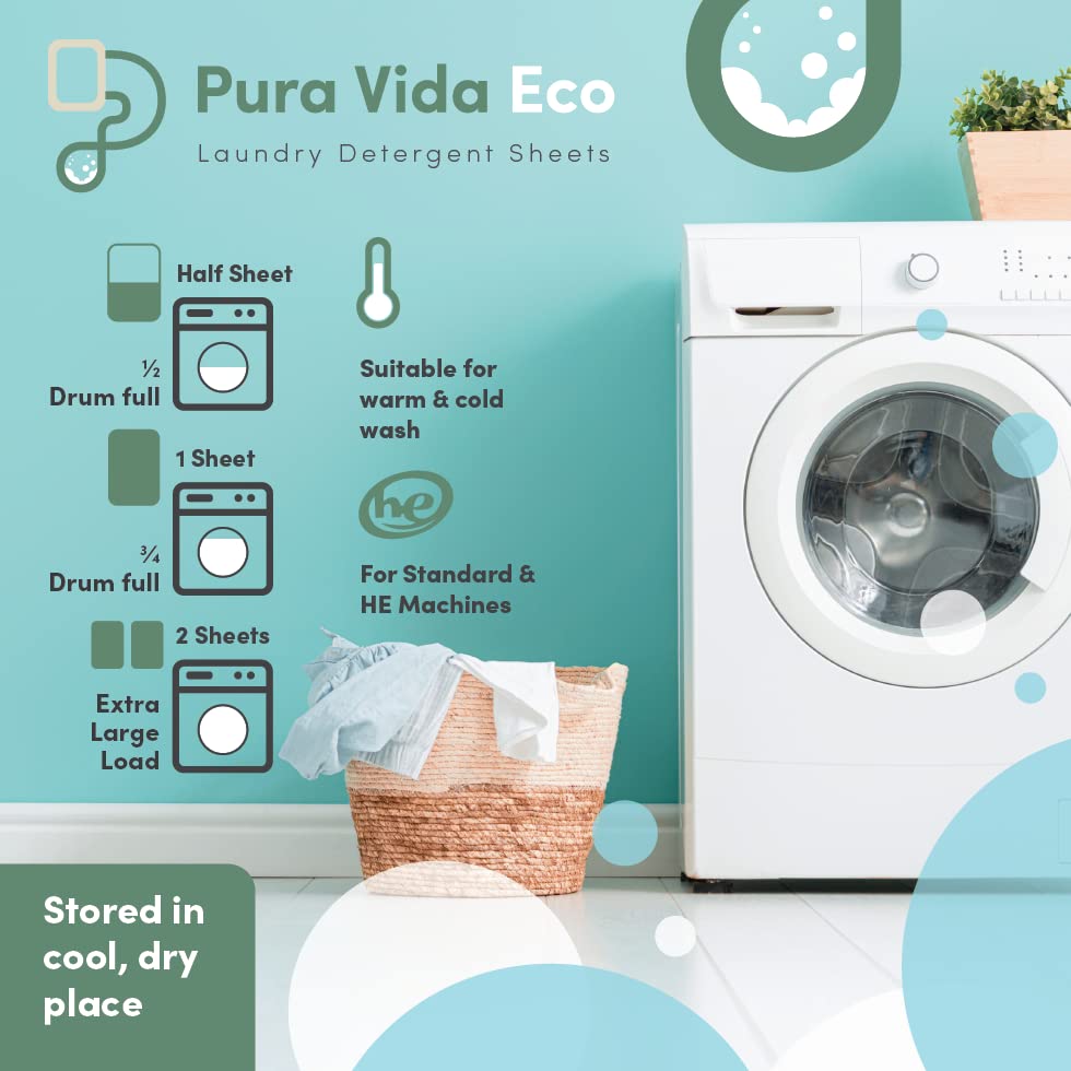 Pura Vida Eco Laundry Detergent Sheets - 90 Sheets (up to 180 Loads) - Unscented - Ideal for Travel, Baby Clothes - Compact, Liquidless, Hypoallergenic, Eco-Friendly, Plastic-Free Solution