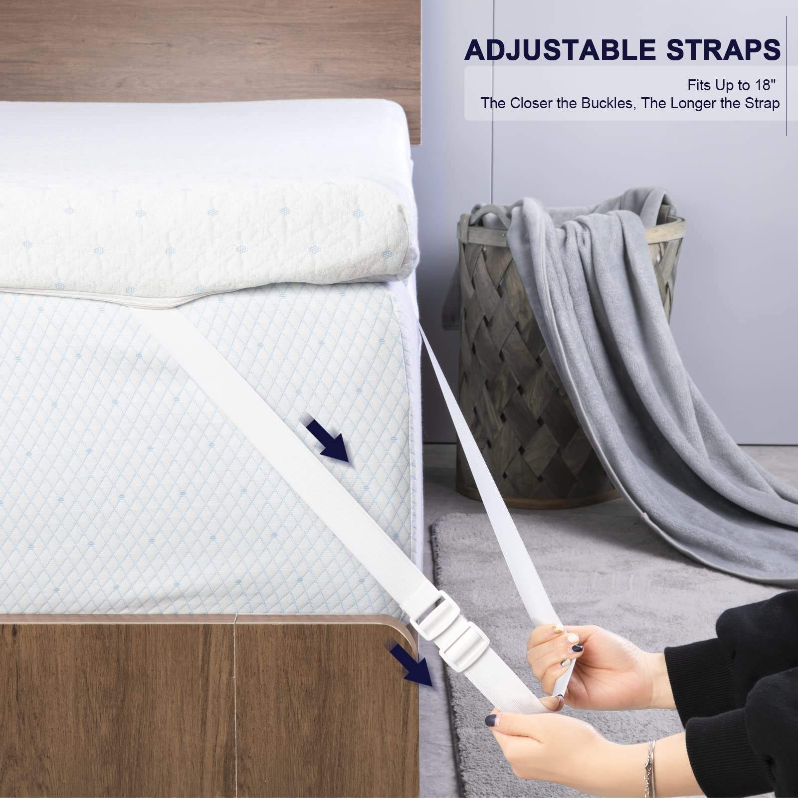 Ferlizer 4 Inch Full Mattress Topper Protector Cover, Oeko-Tex Certified, Bamboo Zippered Cover for Mattress Topper, Adjustable Straps & Anti-Slip Silicone Bottom, Removable & Washable - Cover Only
