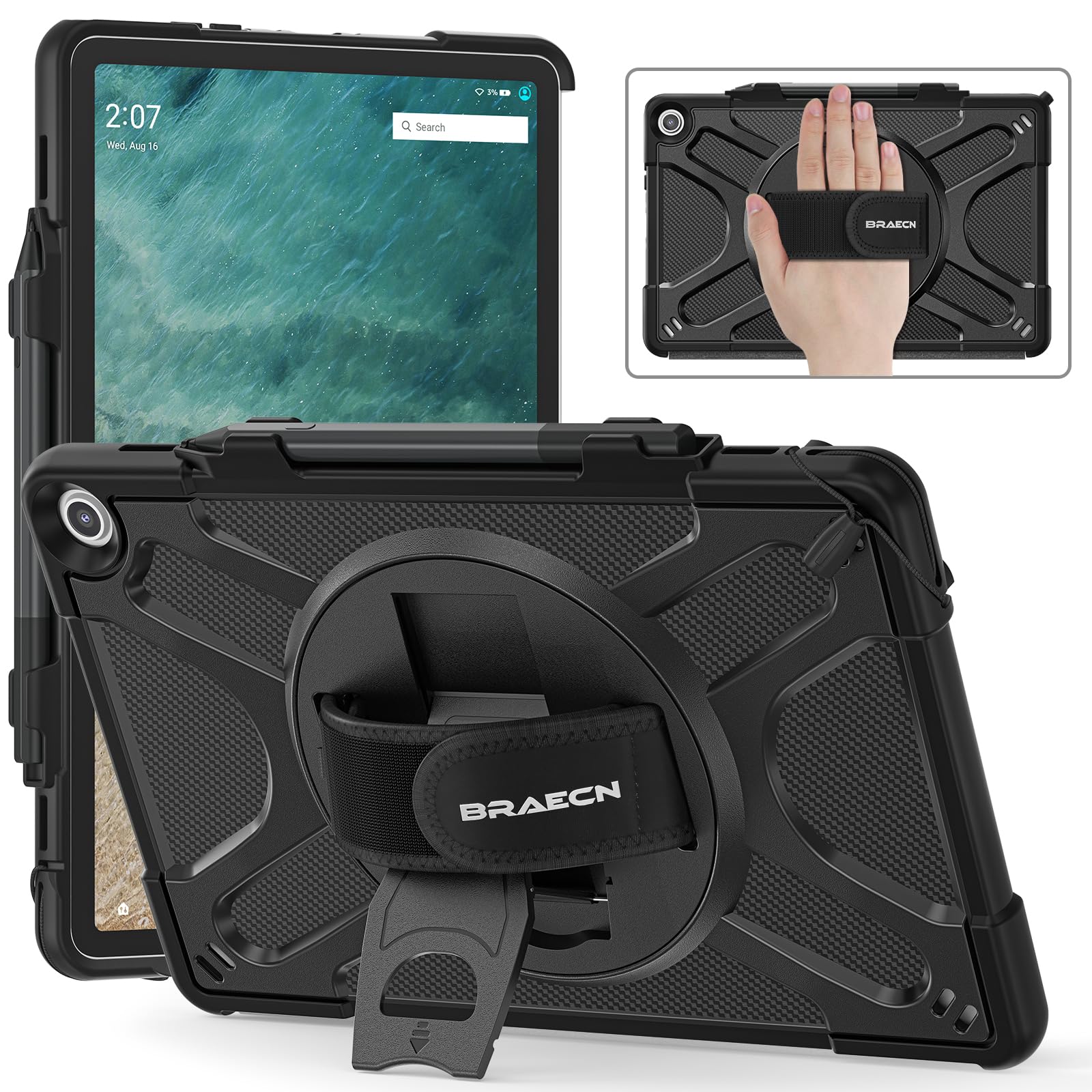 BRAECN Fire Max 11 13th Generation Case 2023, with 360° Rotating Hand Strap and Kickstand &Pencil Holder,Shoulder Strap,Keyboard Adsorption Interface for Amazon Fire Max 11 -Black