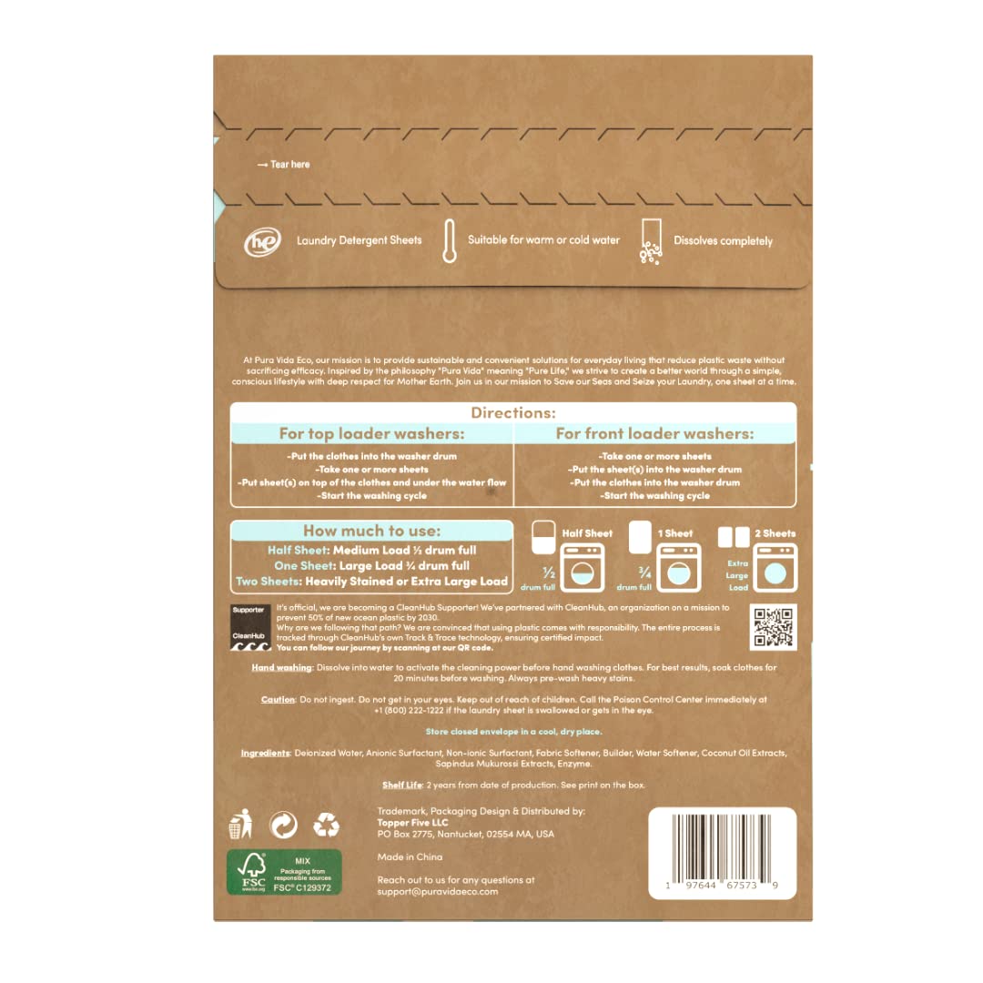 Pura Vida Eco Laundry Detergent Sheets - 90 Sheets (up to 180 Loads) - Unscented - Ideal for Travel, Baby Clothes - Compact, Liquidless, Hypoallergenic, Eco-Friendly, Plastic-Free Solution