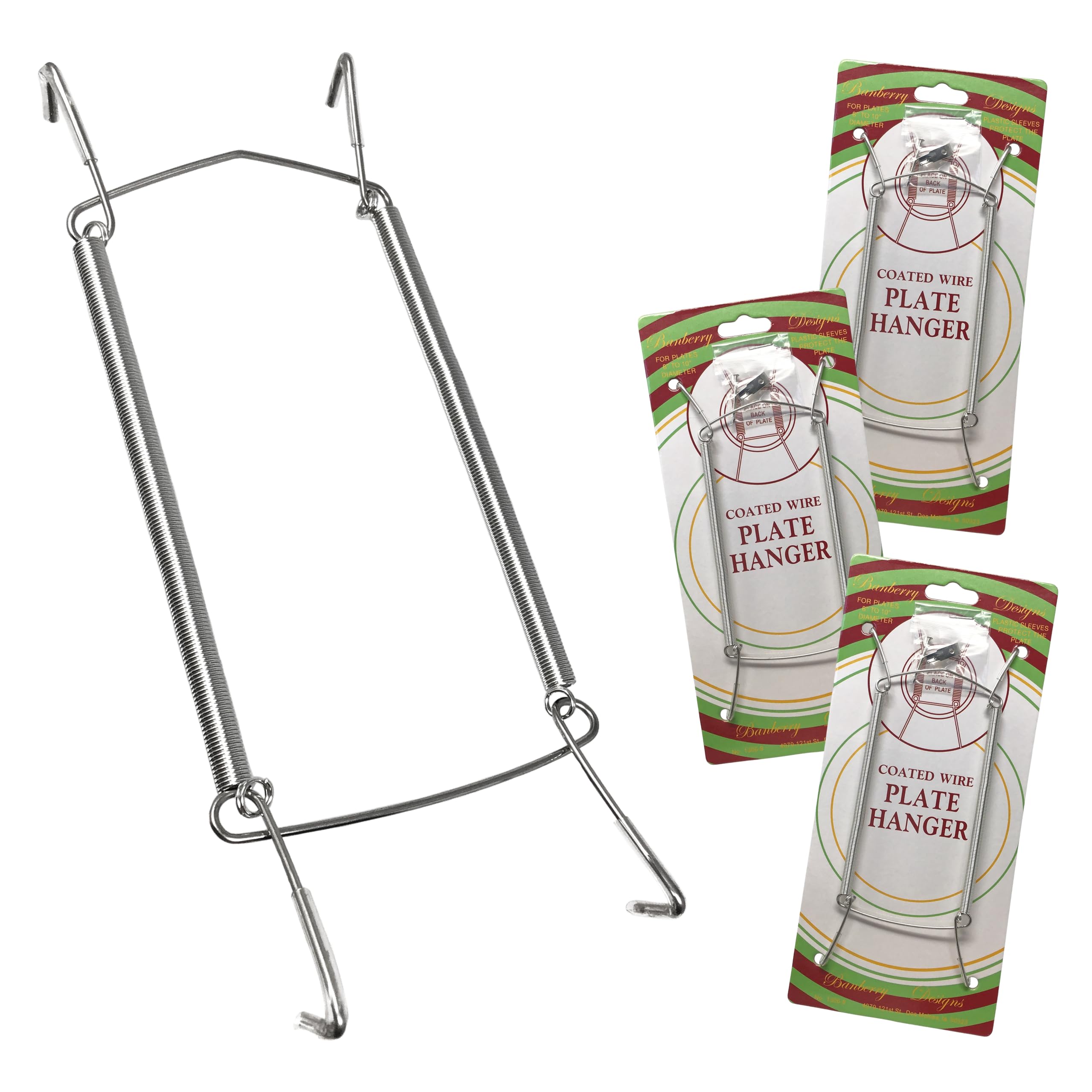BANBERRY DESIGNS Chrome Vinyl Coated Plate Hanger 8 to 10 Inch - Set of 4 Pcs - Clear Vinyl Sleeves Protect The Plate - Hook and Nail Included