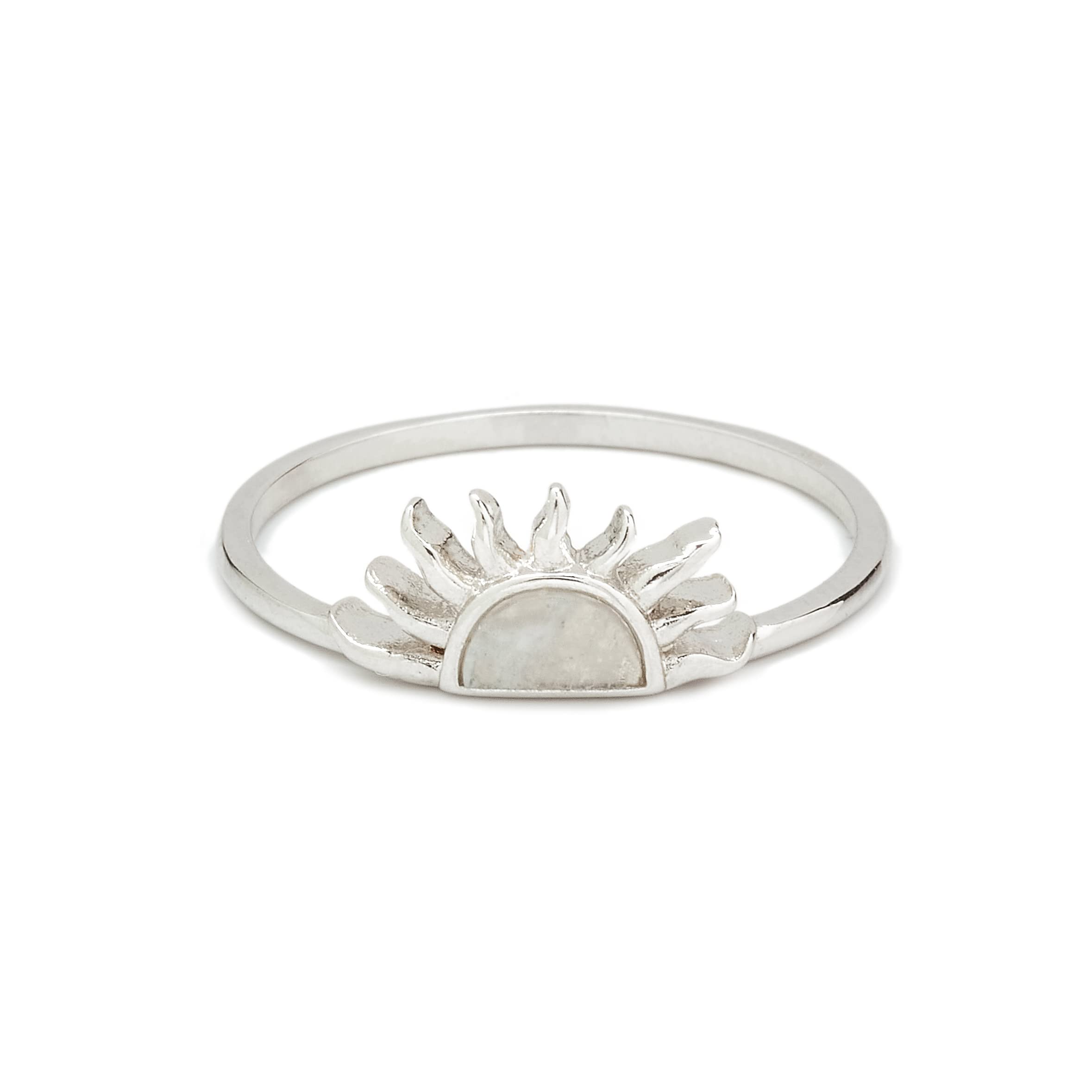 Pura Vida Silver-Plated Half Sun Ring w/Moonstone - Brass Base Band, Rhodium Plating - Size 8