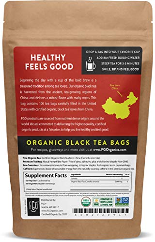 Organic Black Tea Bags | 100 Tea Bags | Eco-Conscious Tea Bags in Kraft Bag | Raw from China | by FGO