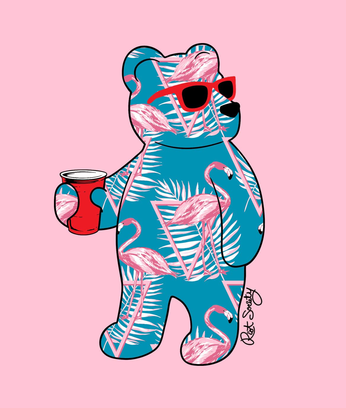 Riot Society Tropical Flamingo Bear Mens T-Shirt - Pink, XX-Large