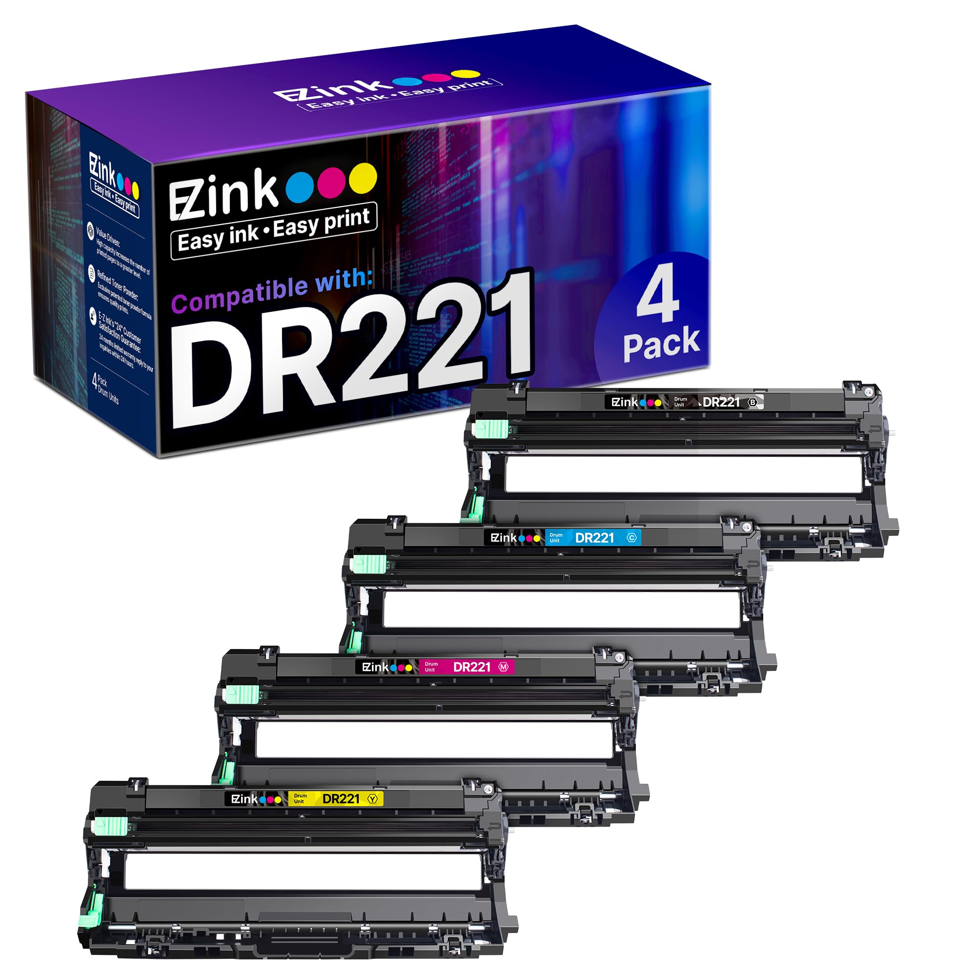 E-Z Ink (TM) Remanufactured Drum Unit Replacement for Brother DR221 DR-221 DR221CL to use with HL-3140CW HL-3170CDW MFC-9130CW MFC-9330CDW Printer Tray (1 Black, 1 Cyan, 1 Magenta, 1 Yellow) 4 Pack