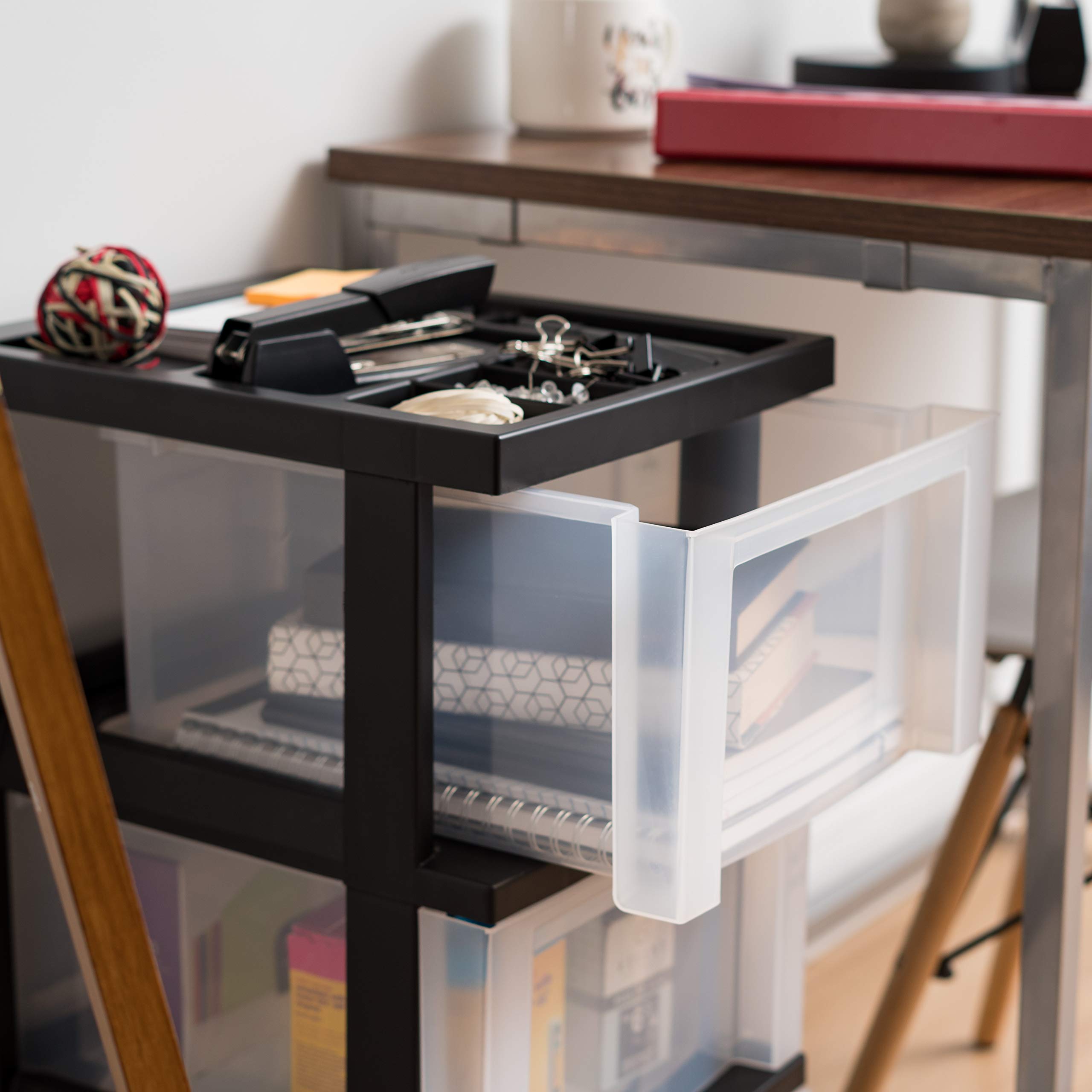 IRIS USA MC-303-TOP Plastic Storage Drawer, Rolling Cart with Organizer Top, 3, Black