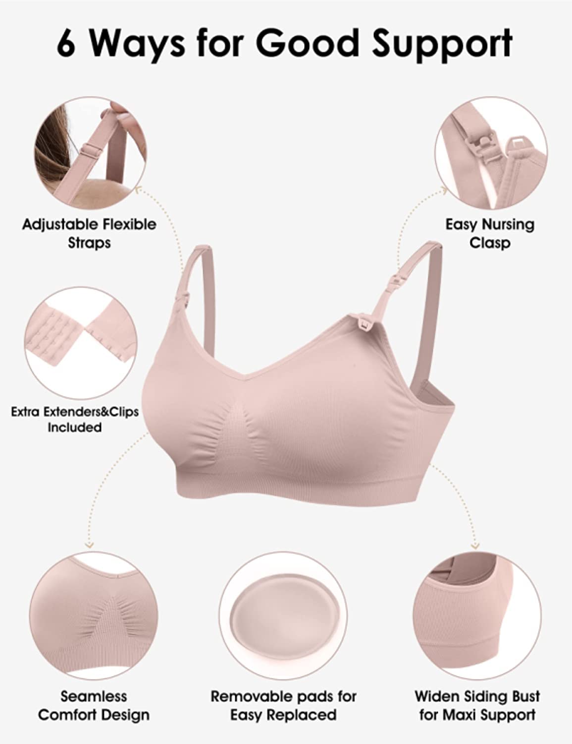 HOFISH 3PACK Full Bust Seamless Nursing Maternity Bras 3Pack Black,Grey,Elegant Pink Large
