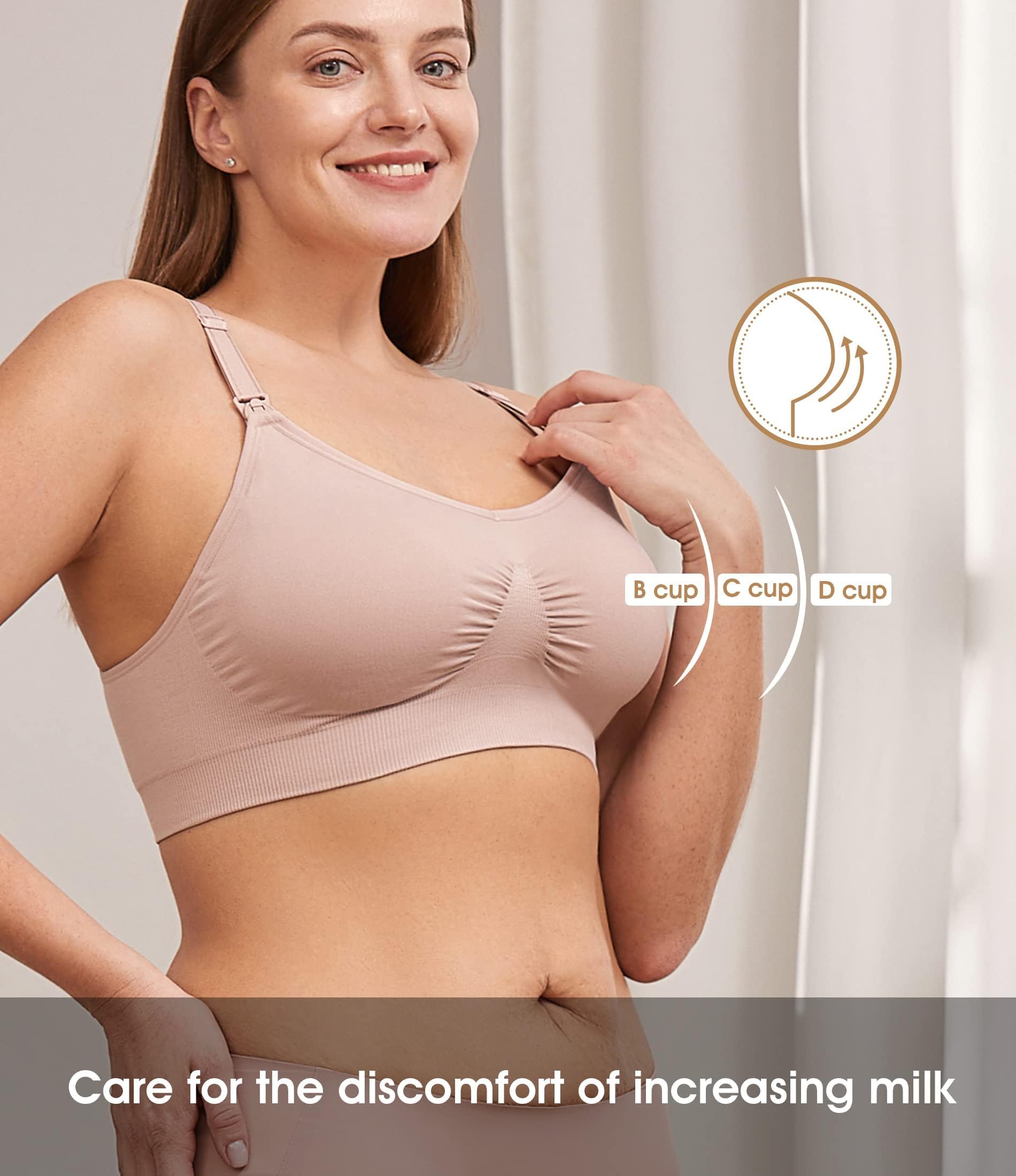 HOFISH 3PACK Full Bust Seamless Nursing Maternity Bras 3Pack Black,Grey,Elegant Pink Large