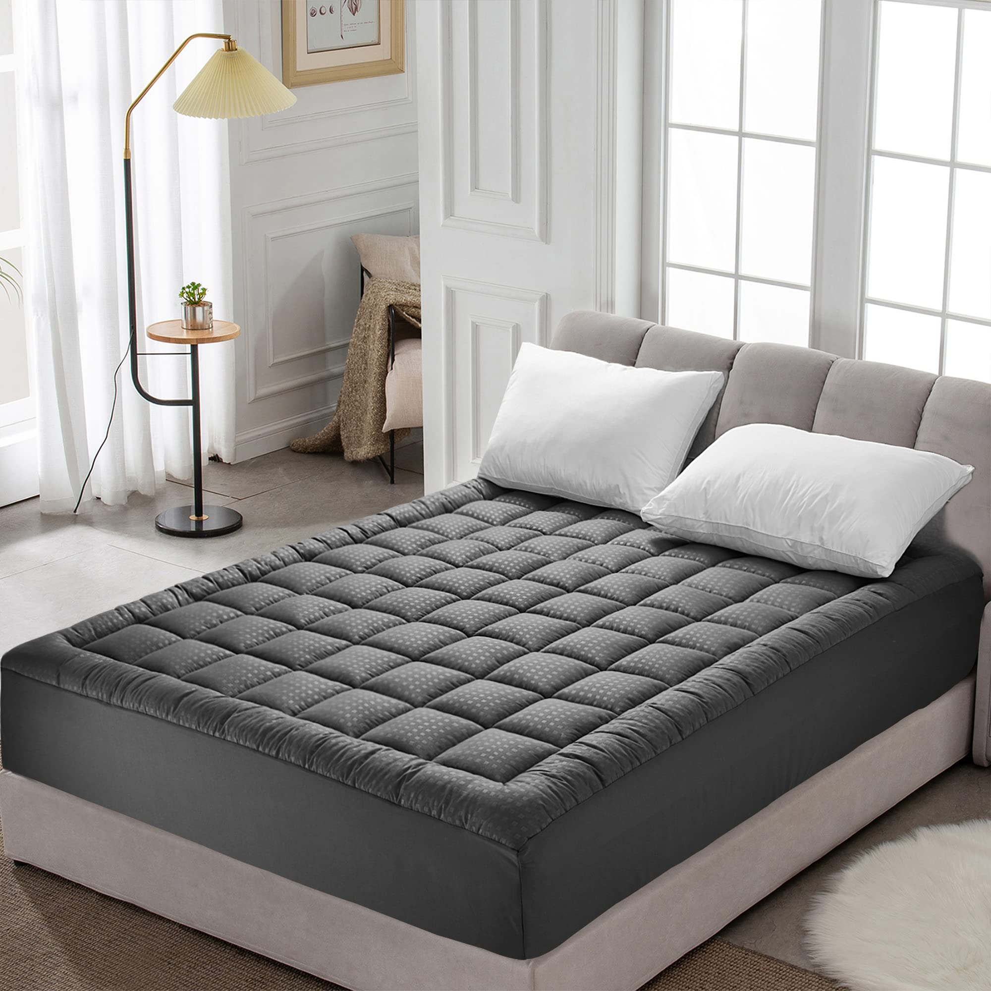 HYLEORY Queen Mattress Pad Quilted Fitted Mattress Protector Cooling Pillow Top Mattress Cover Breathable Fluffy Soft Mattress Topper with 8-21" Deep Pocket, Dark Grey