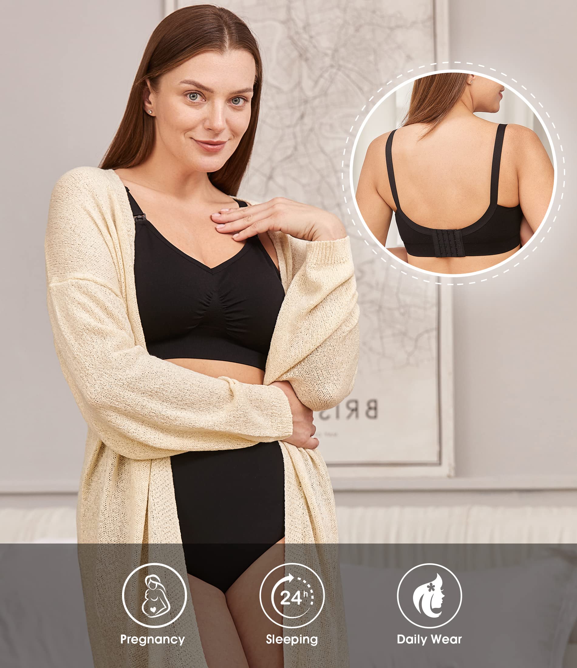 HOFISH 3PACK Full Bust Seamless Nursing Maternity Bras 3Pack Black,Grey,Elegant Pink Large