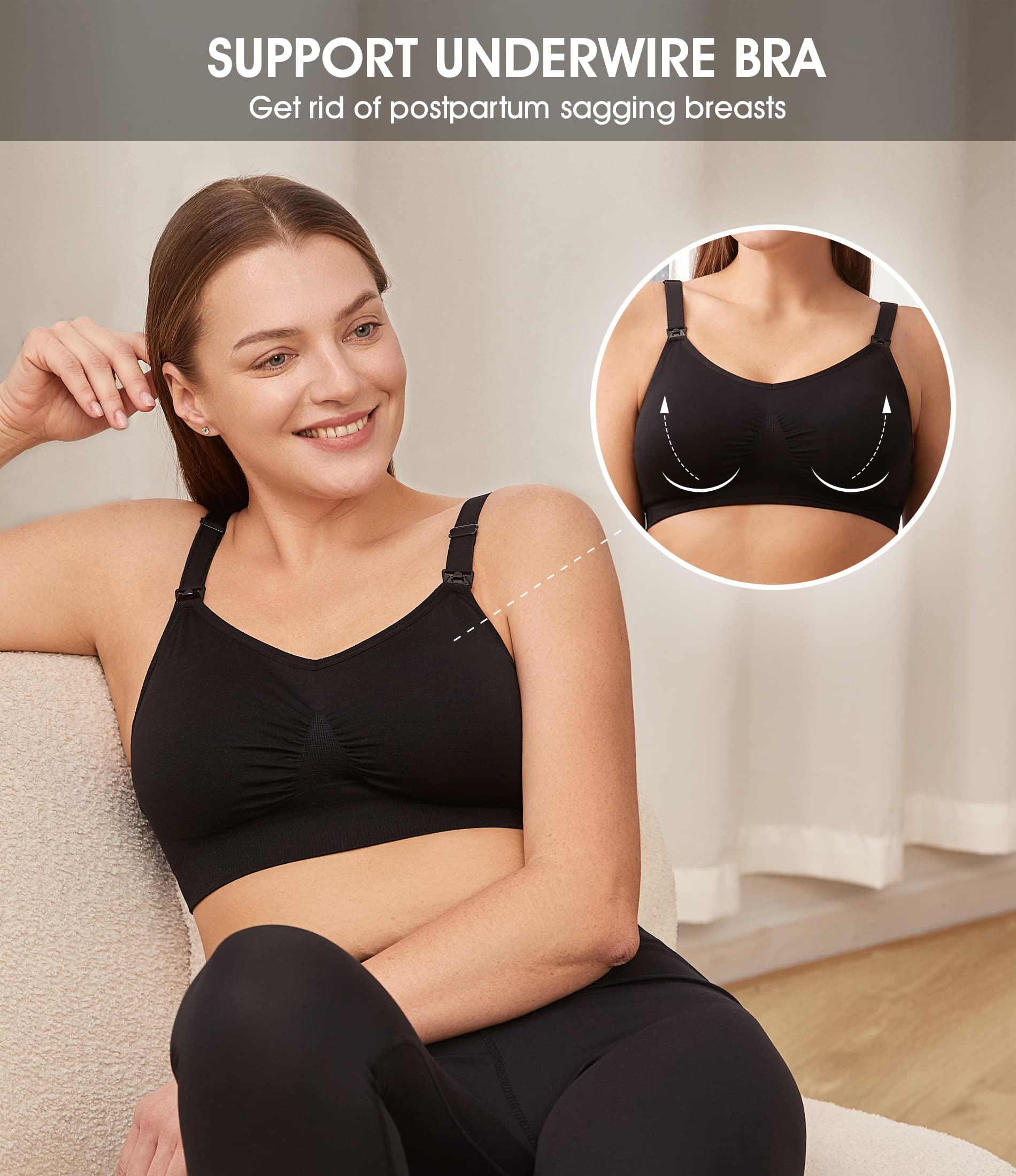 HOFISH 3PACK Full Bust Seamless Nursing Maternity Bras 3Pack Black,Grey,Elegant Pink Large